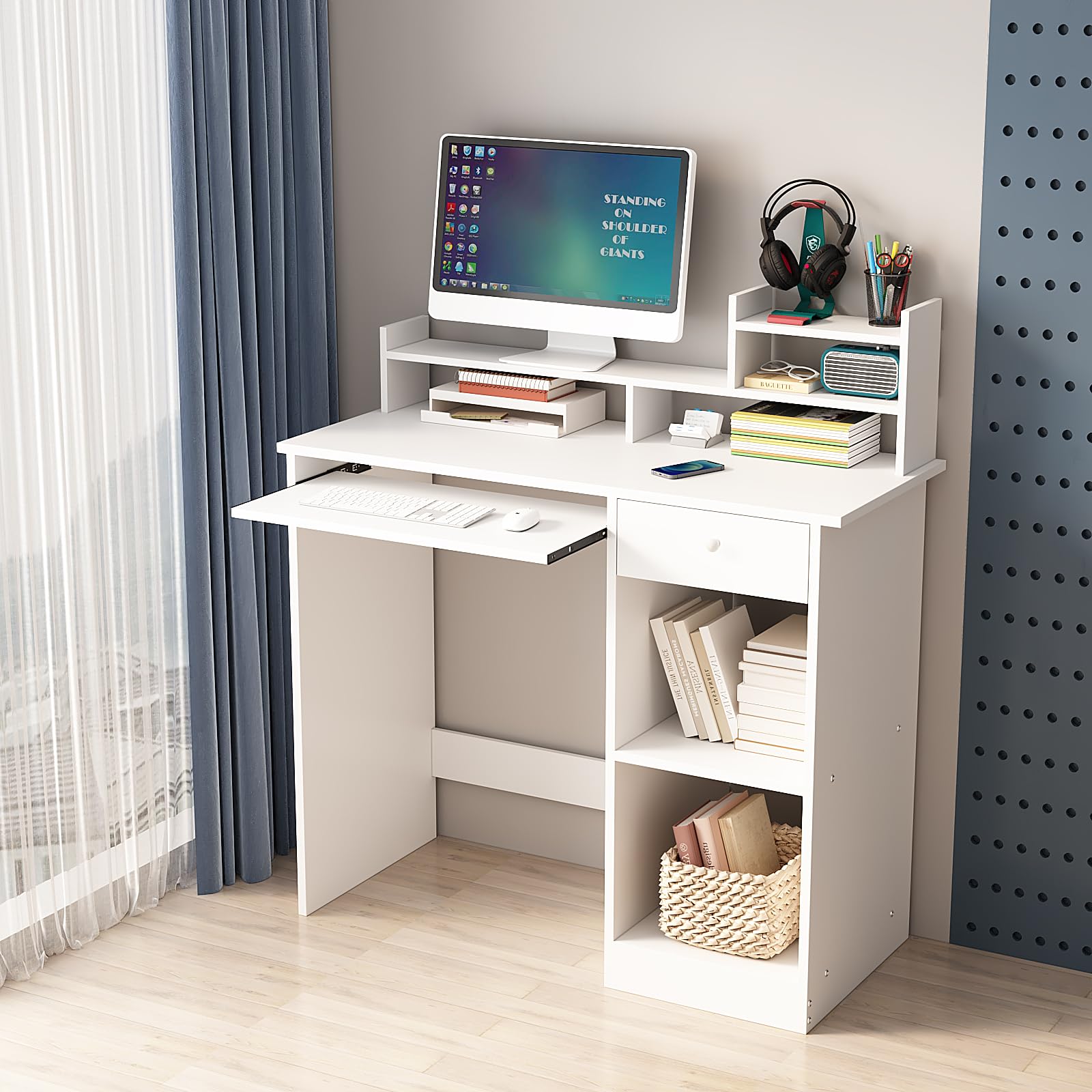 MULKGLOBAL Home Office Wood Computer Desk with Drawers and Pull Out Keyboard Tray Modern Simple Style Computer Workstation Study Writing Desk,White