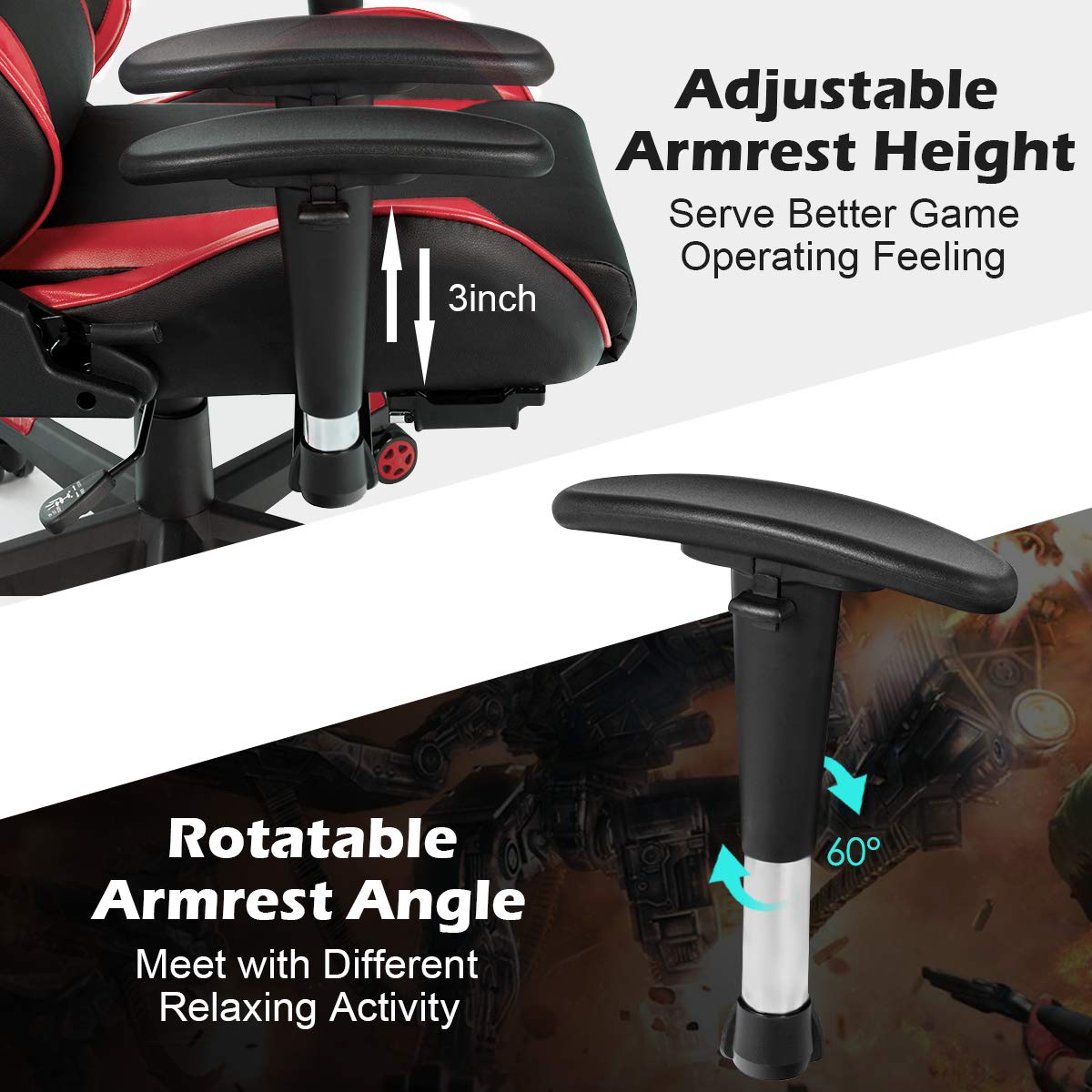 POWERSTONE Gaming Chair with Footrest Massage Ergonomic Office Computer Game Racing E-Sports Chair Lumbar Massage Pillow Footrest Headrest High-Back Leather Recliner Rolling Swivel Chair Red