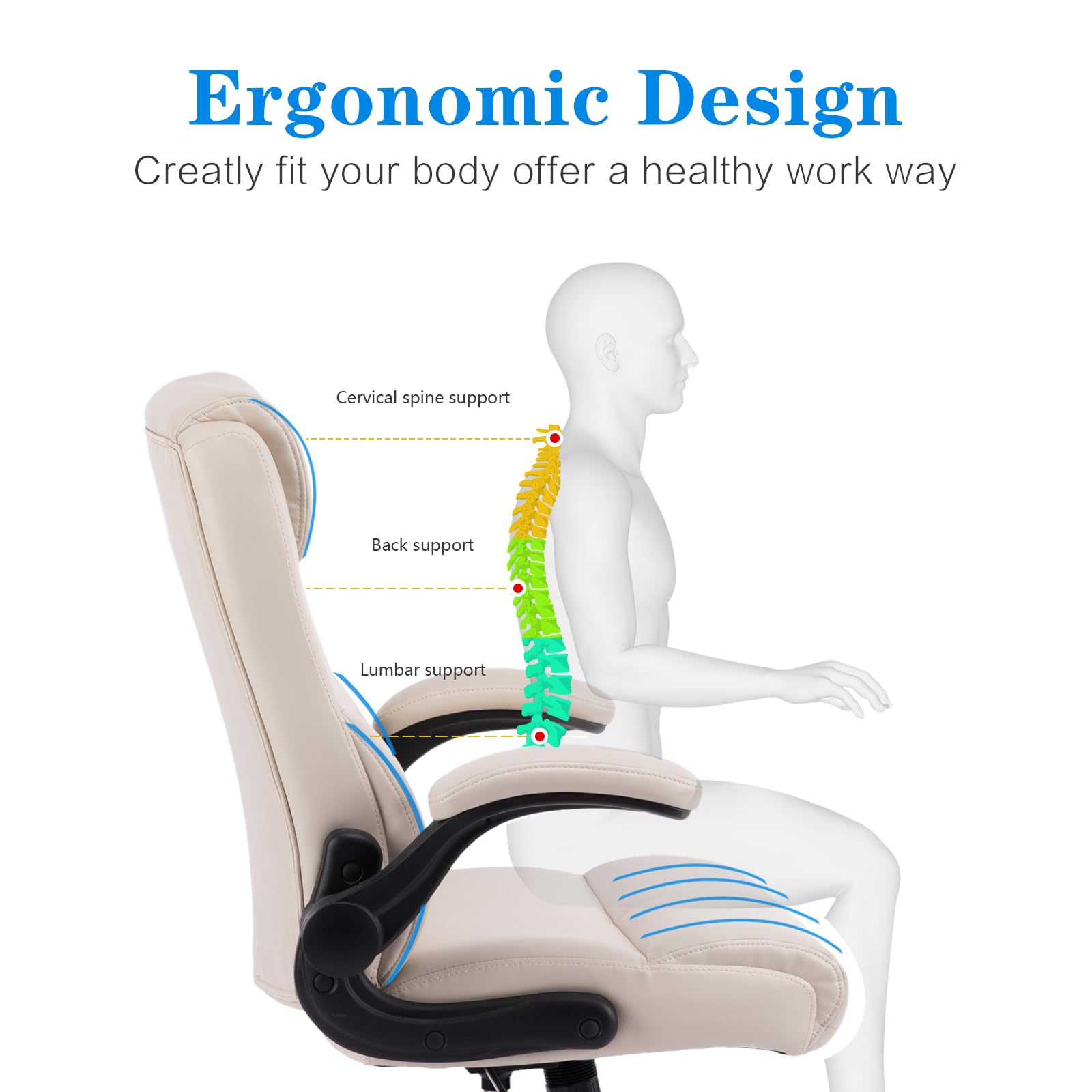 NEWBULIG Ergonomic PU Leather Desk Mid Back Computer Flip Up Armrests Height Adjustable Executive Office Lumbar Support Swivel Task Chair, 20" D x 20" W x 43" H, White
