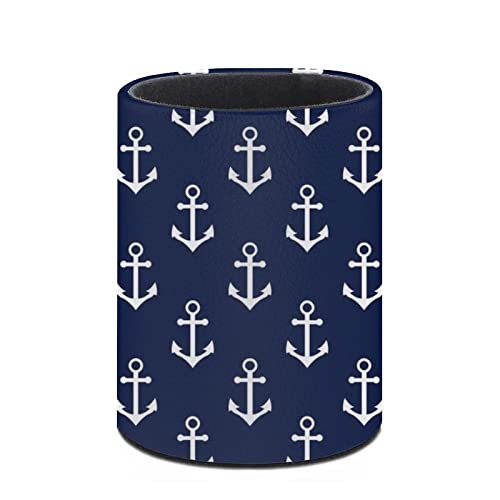 Naby Blue Anchor Pen Holder PU Leather Pencil Cup Cute Desk Organizer Makeup Brush Box for Home Office