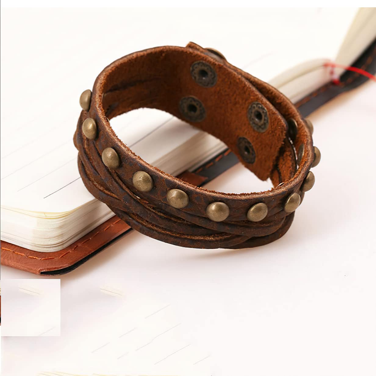 Rose-Samira Handmade Leather Bracelet Punk Wristband Set Adjustable Cuff Buckle Belt (Marker)