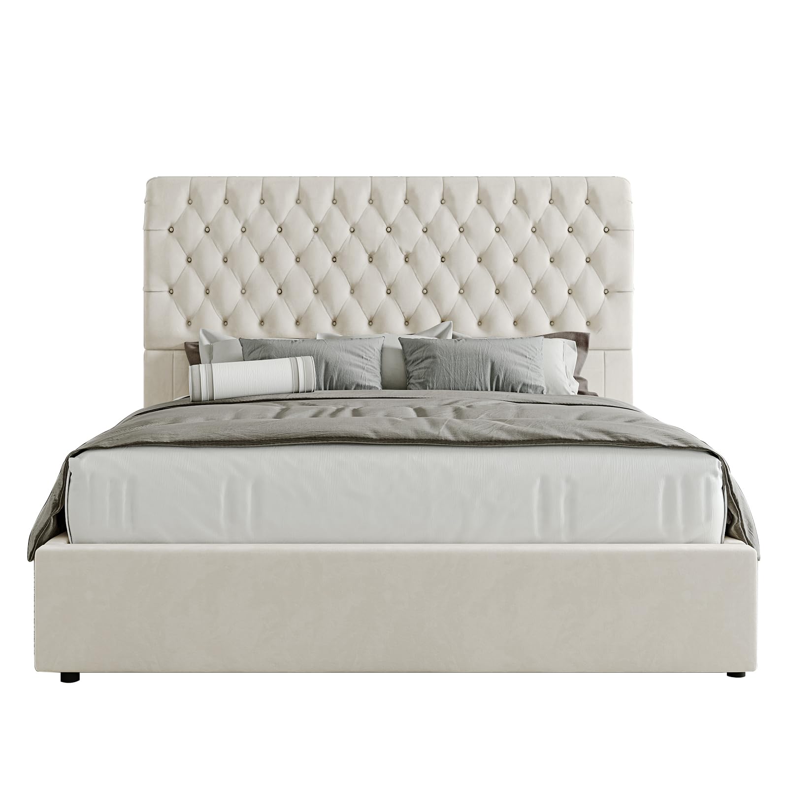 PaPaJet Lift Up Storage Bed King Size Bed Frame with Headboard Upholsterd Sleigh Bed Storage Underneath/No Box Spring Needed/Easy Assembly/Cream