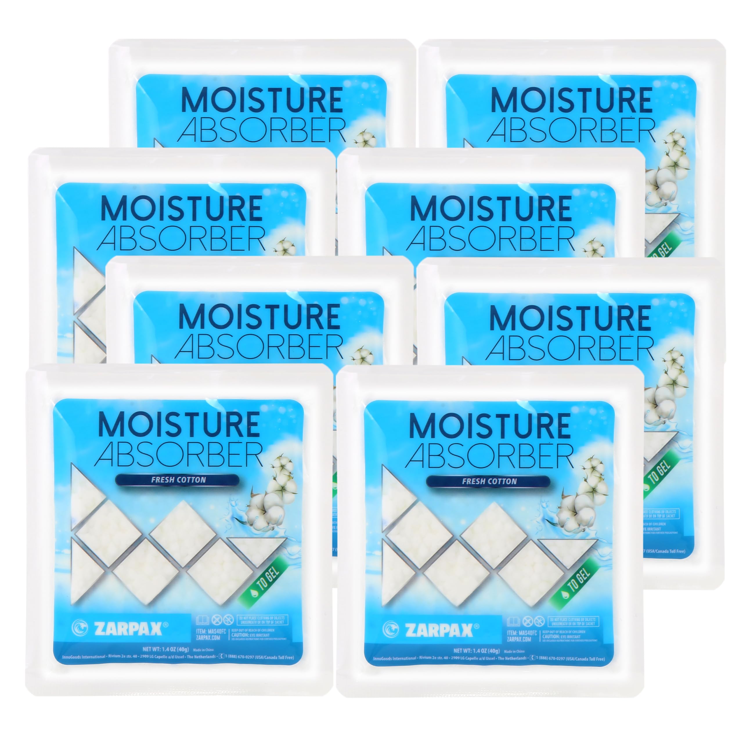 Zarpax Moisture Absorber Sachets Fresh Cotton 1.4 oz/40g - Remove Excess Moisture In Air & Odor - Desiccant Dehumidifier for Closet, Drawer, Safe, Storage - Dampness & Humidity Control - Set of 8