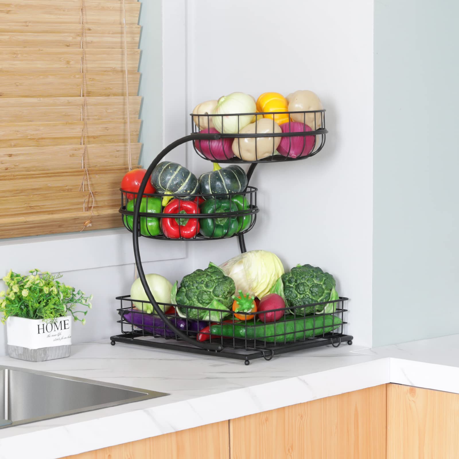 Tiaoheka 3 Tier Fruit Basket for Kitchen, Metal Wire Fruit Bowl for Kitchen Counter, Detachable Fruit Vegetables Storage Basket Holder Stand for Countertop Dining Table(Round and Square, Black)