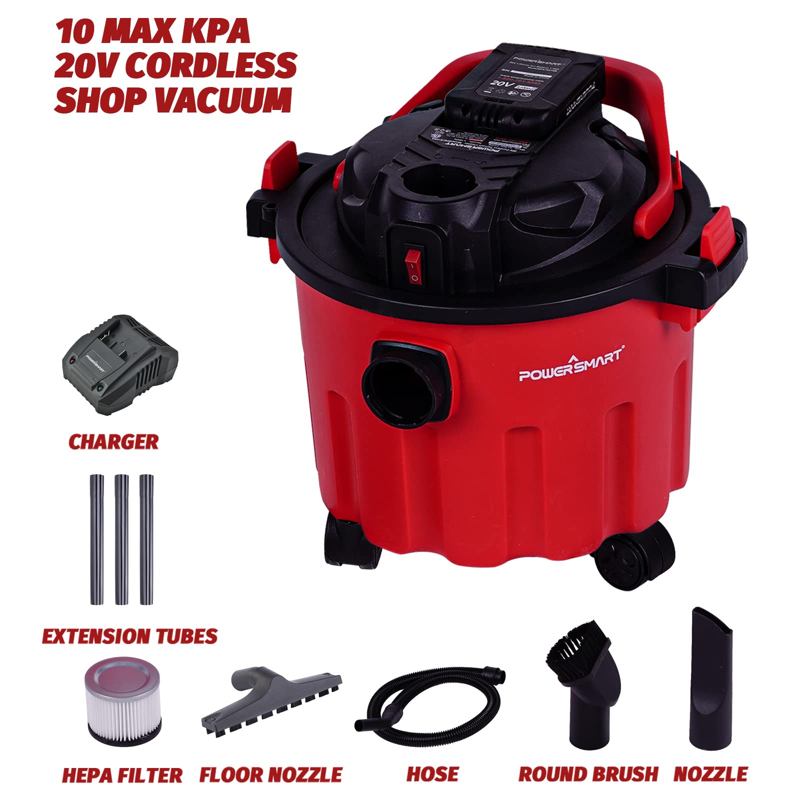 PowerSmart HEPA Cordless Shop Vacuum Cleaner, 2.6 Gallon, 20V, with 1.5Ah Battery and Charger, Portable Shop Vac