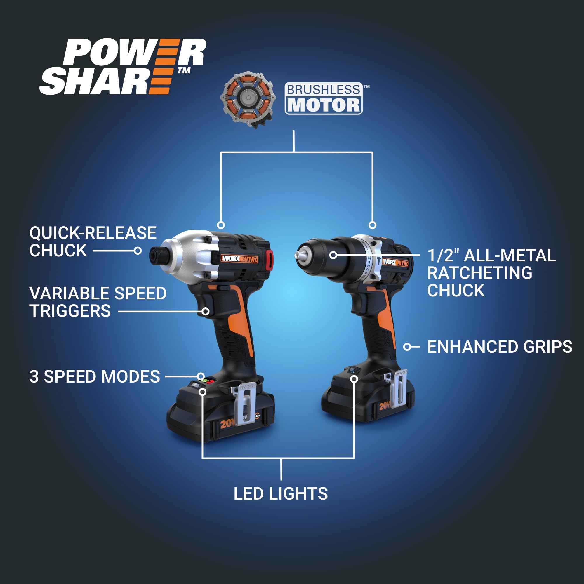 Worx Nitro 20V Impact Driver and Drill Driver with Brushless Motor, Drill Set with Storage Bag, Compact Drill and Driver Combo, Power Share Compatible WX960L β Batteries & Charger Included