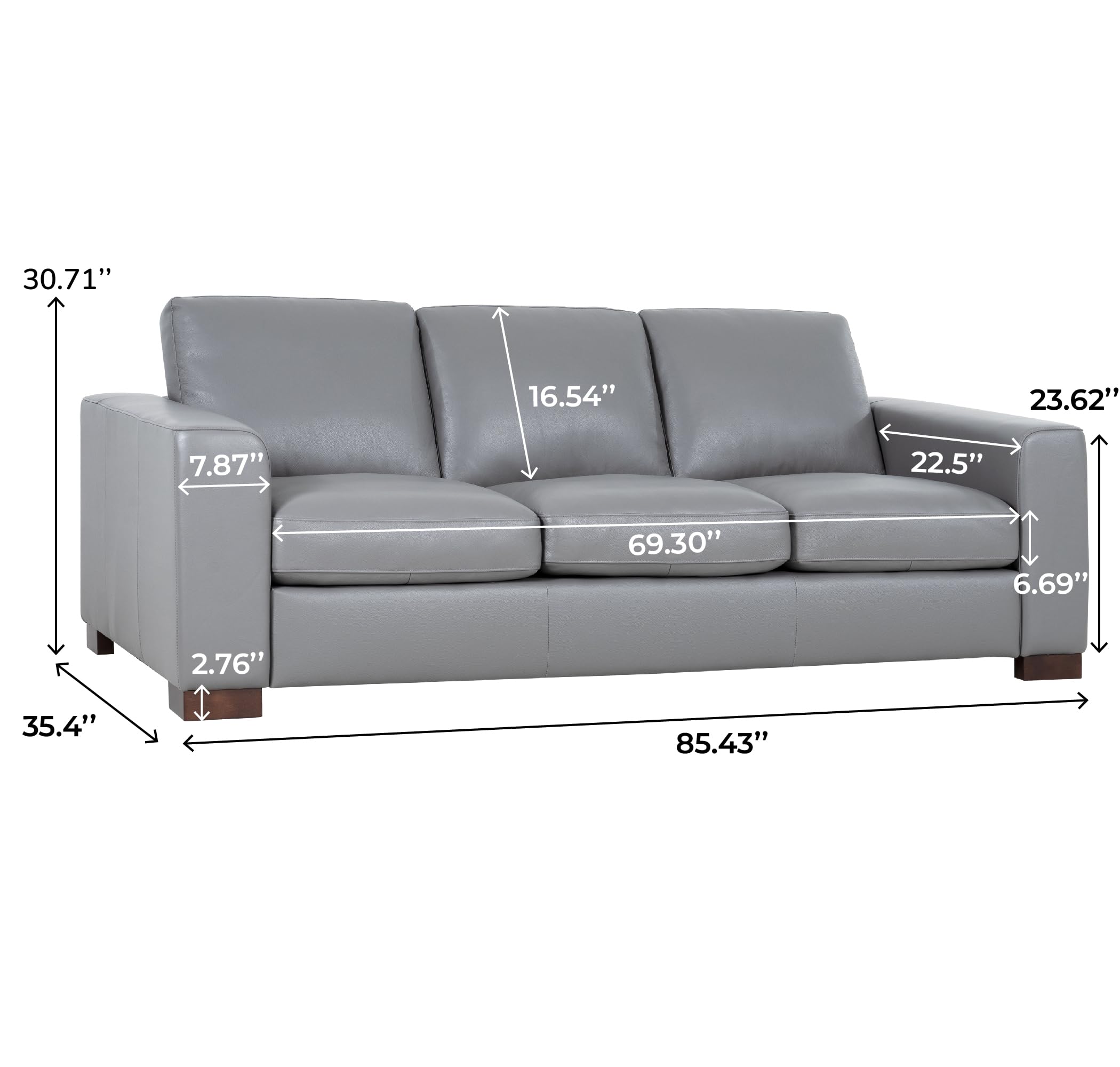Naomi Home Freya Oversized Genuine Leather Sofa - Ultimate Comfort - Modern Leather Couch - Mid-Century Living Room Sofa, Eco-Friendly Sofa Couch, Reversible Cushions, Gray