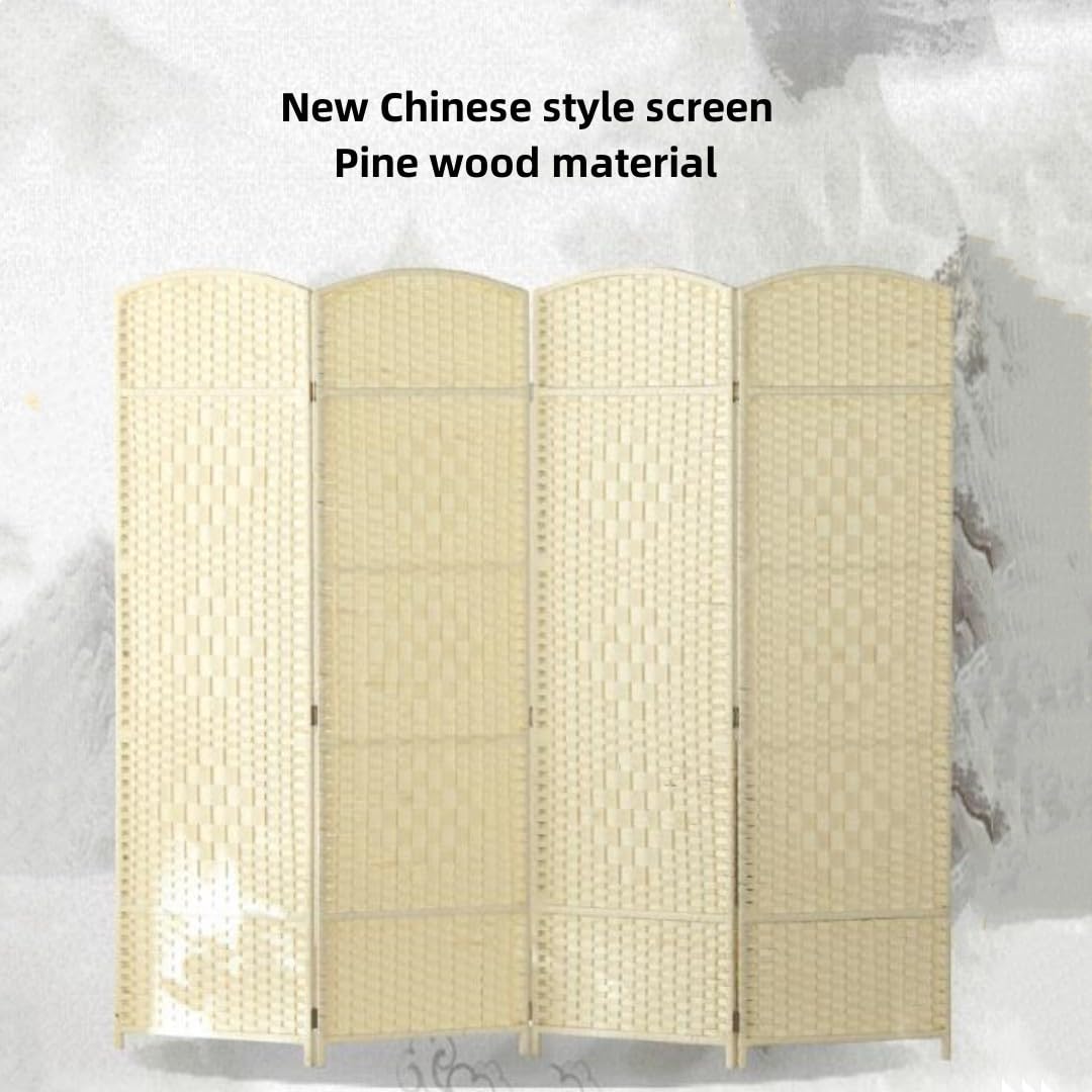 Modern Room Divider Panels,4 Panel Folding Wooden Privacy Screen, Freestanding Partition Screens for Bedroom Living Room Office (Top and Bottom Hollowed Out Milky White,66.9 * 15.7 in)
