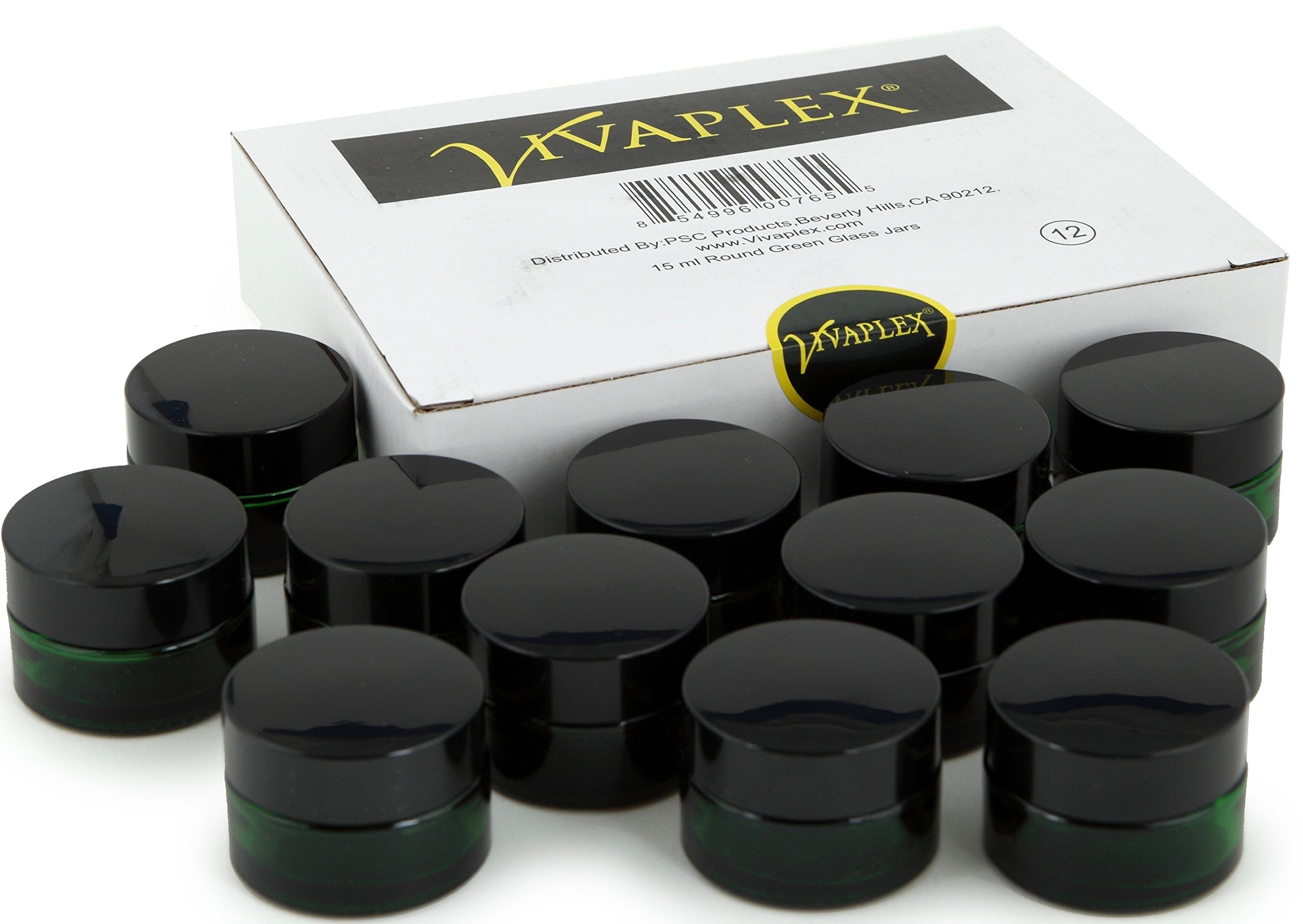Vivaplex, 12, Green, 15 ml, Round Glass Jars, with Inner Liners and black Lids