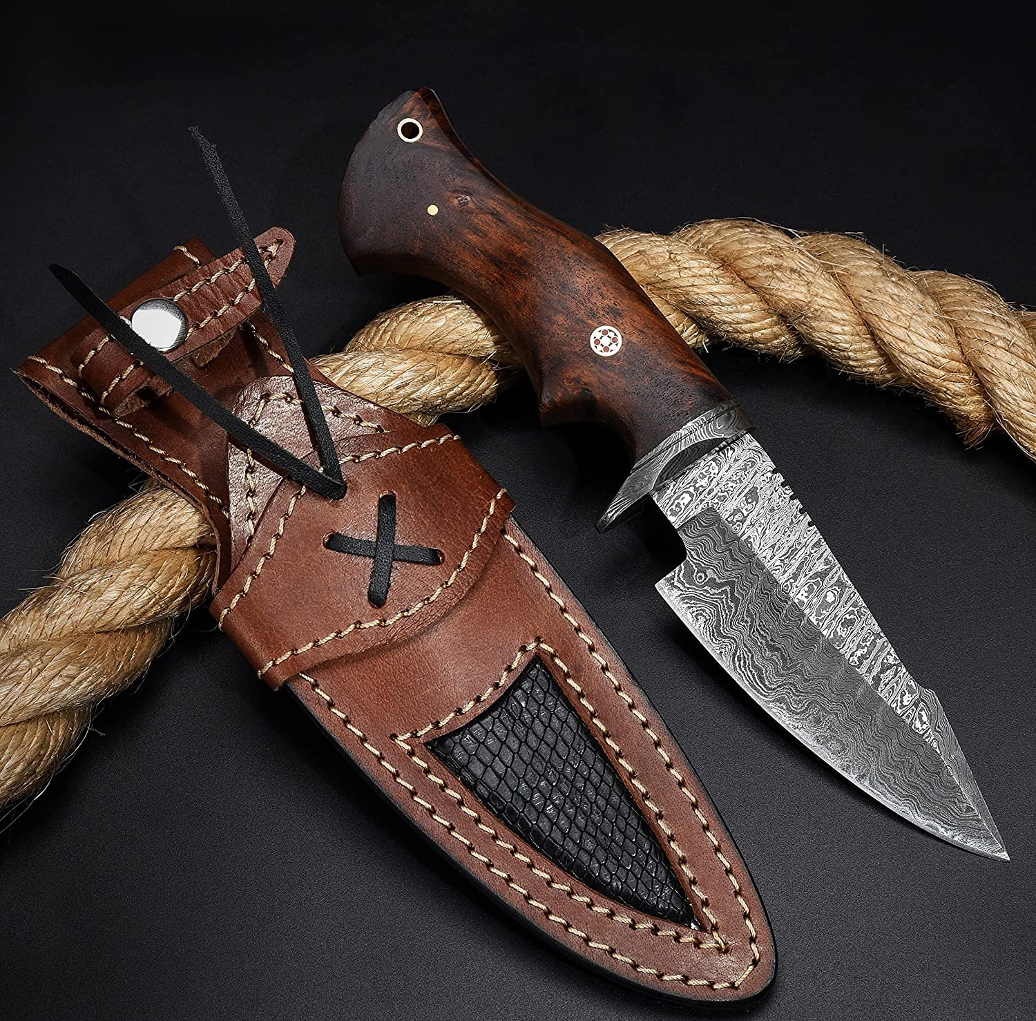 The Blade Point Damascus Hunting Fixed Blade Knife – 10.7” EDC Custom Handmade Knives, Bushcraft Outdoor Survival Camping Bowie Knife, Walnut Wood Handle with Leather Sheath