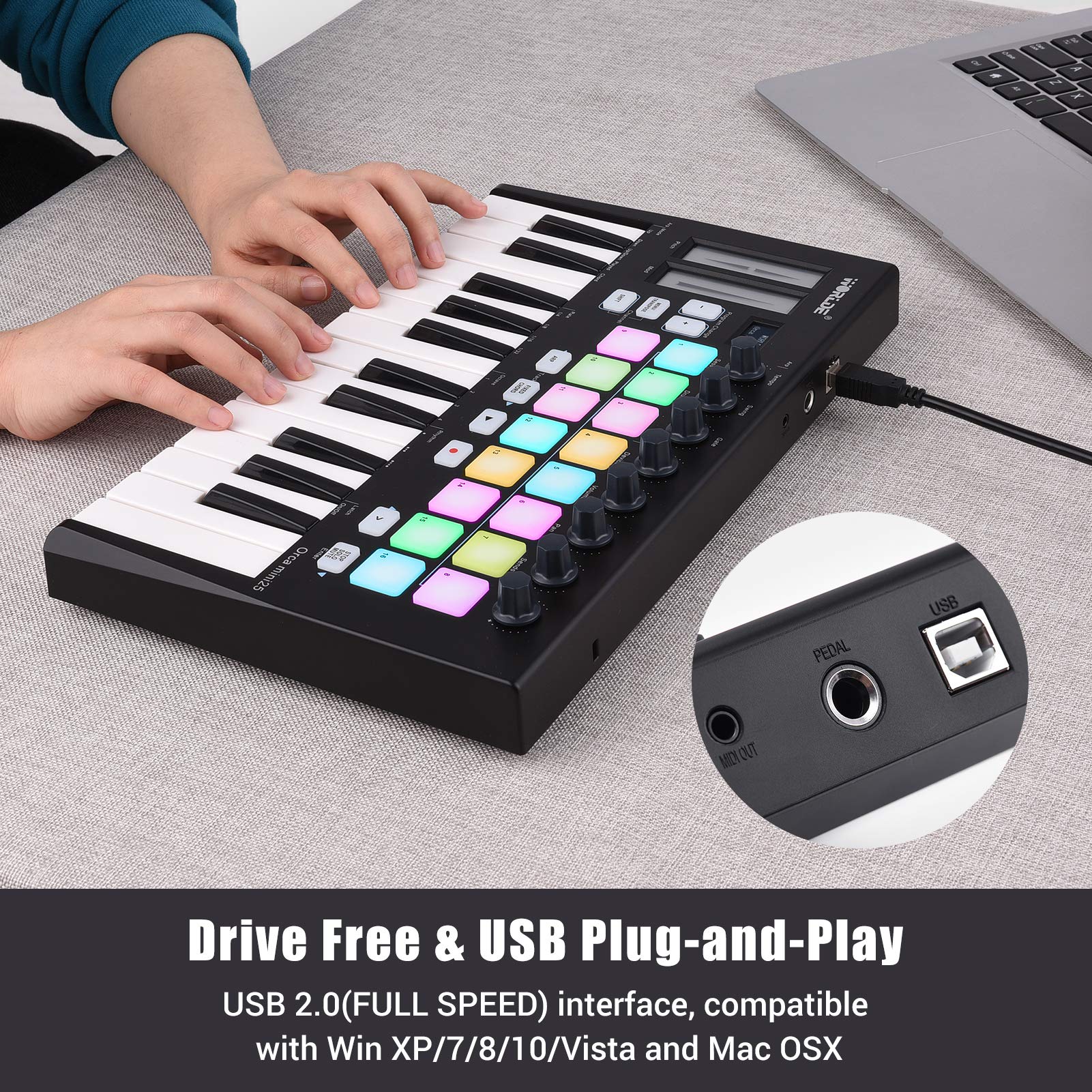 Taruor USB MIDI Keyboard Controller, Portable 25-Key USB MIDI Keyboard Controller with 16 RGB Backlit Trigger Pads 8 Assignable Control Knobs