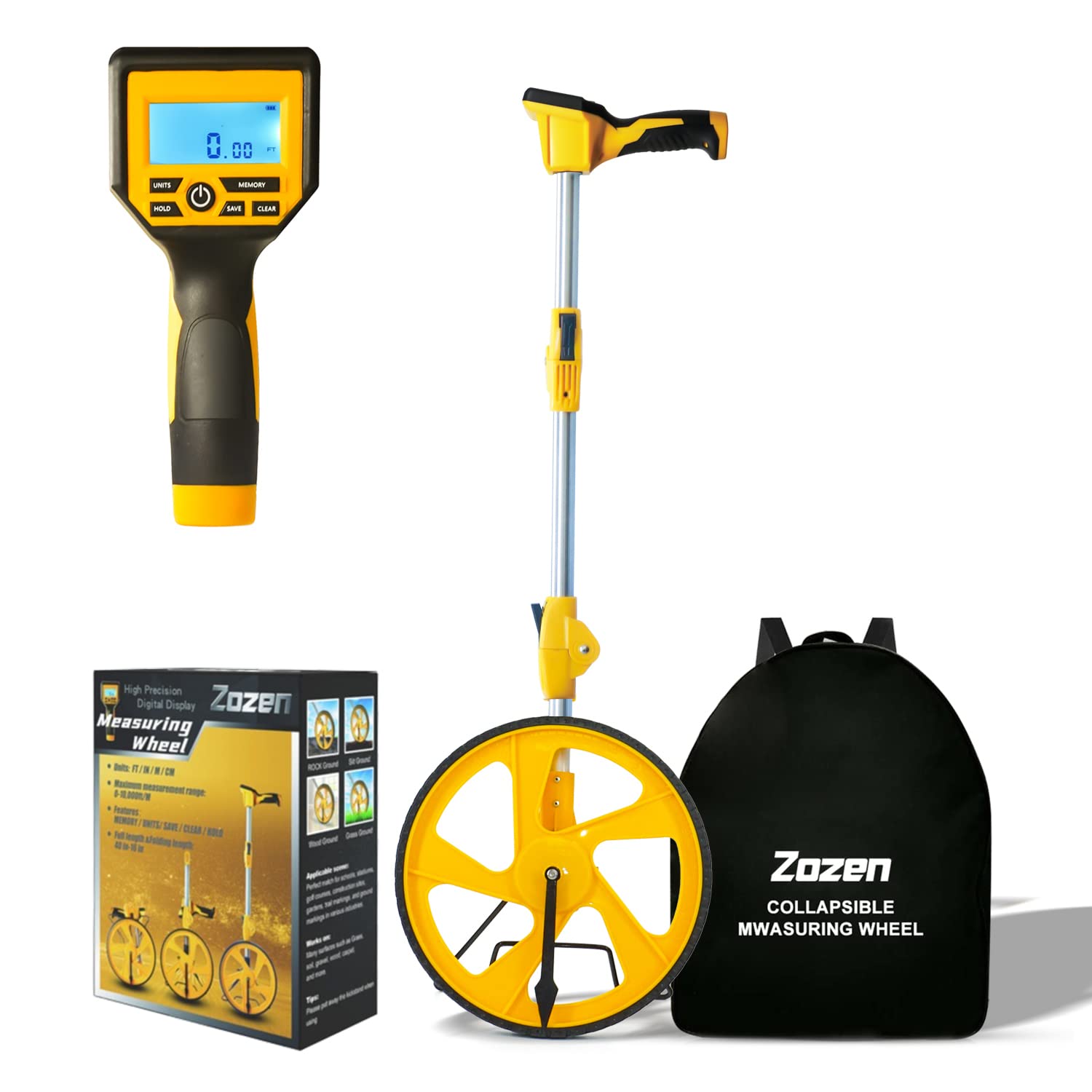 Zozen Measuring Wheel Digital Display, 3-Sections Foldable 12Inch Wheel, Imperial/Metric Measure Wheel with Backlit Display | Up to 99,999Ft/ 99,999M | Portable - with Cloth Backpack.