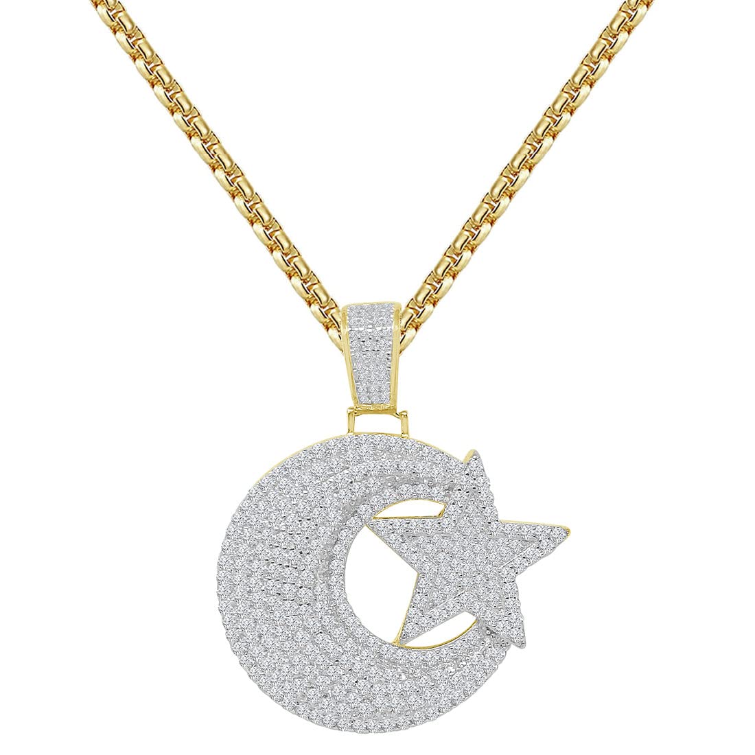 USDIAMONDKING 20+ Grams 3D Genuine Sterling Silver Allah Muslim Islamic Crescent Moon and Star Charm 2.00 Cwt. Simulated Diamond Pendant Chain Neckless Set (White Gold Finish)
