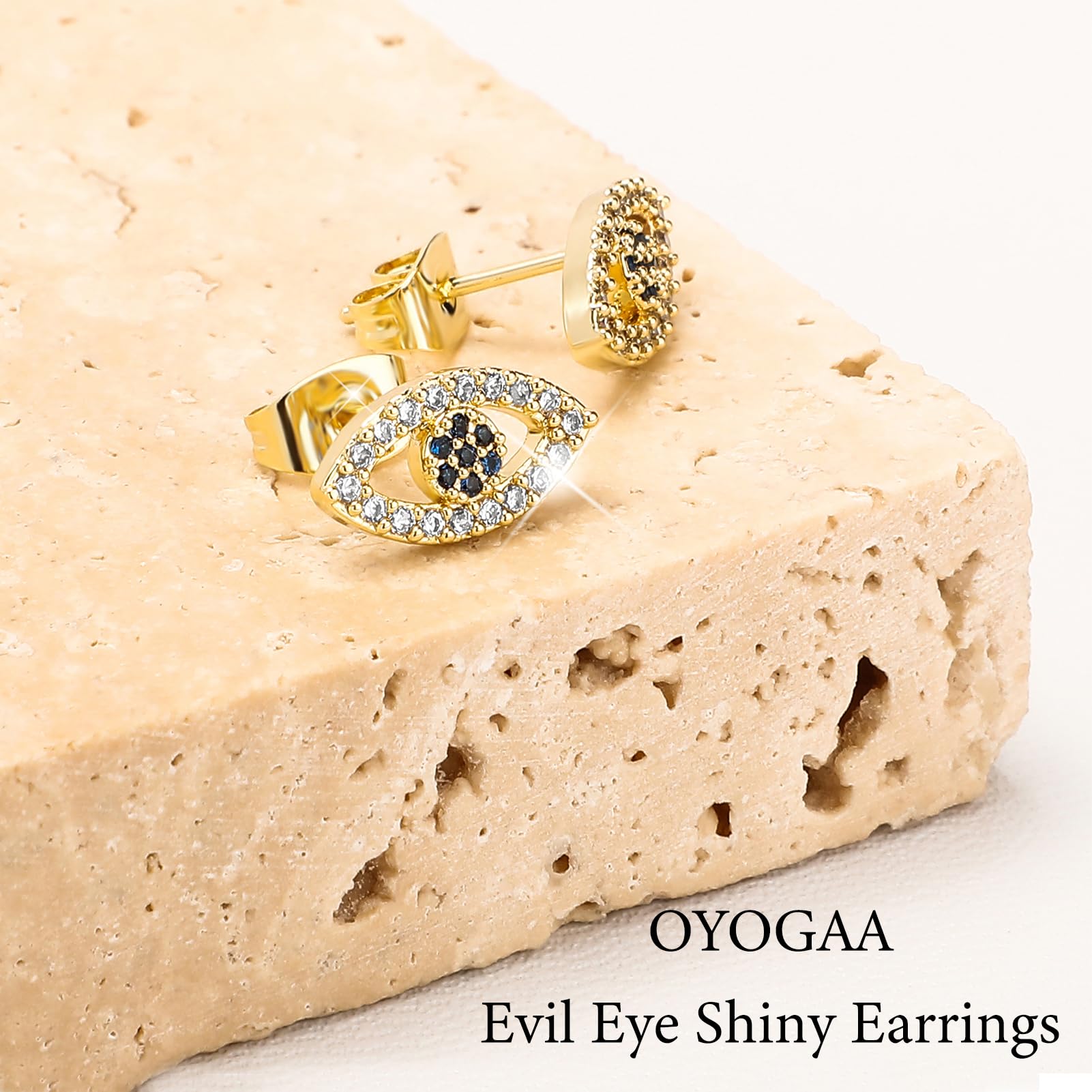 OYOGAA 18K Gold Blue Evil Eye Stud Earrings Fully Iced Out Diamonds Cubic Zirconia 925 Sterling Silver Tiny Cute Small Daily Eye Stud Earrings For Men Women (Gold)