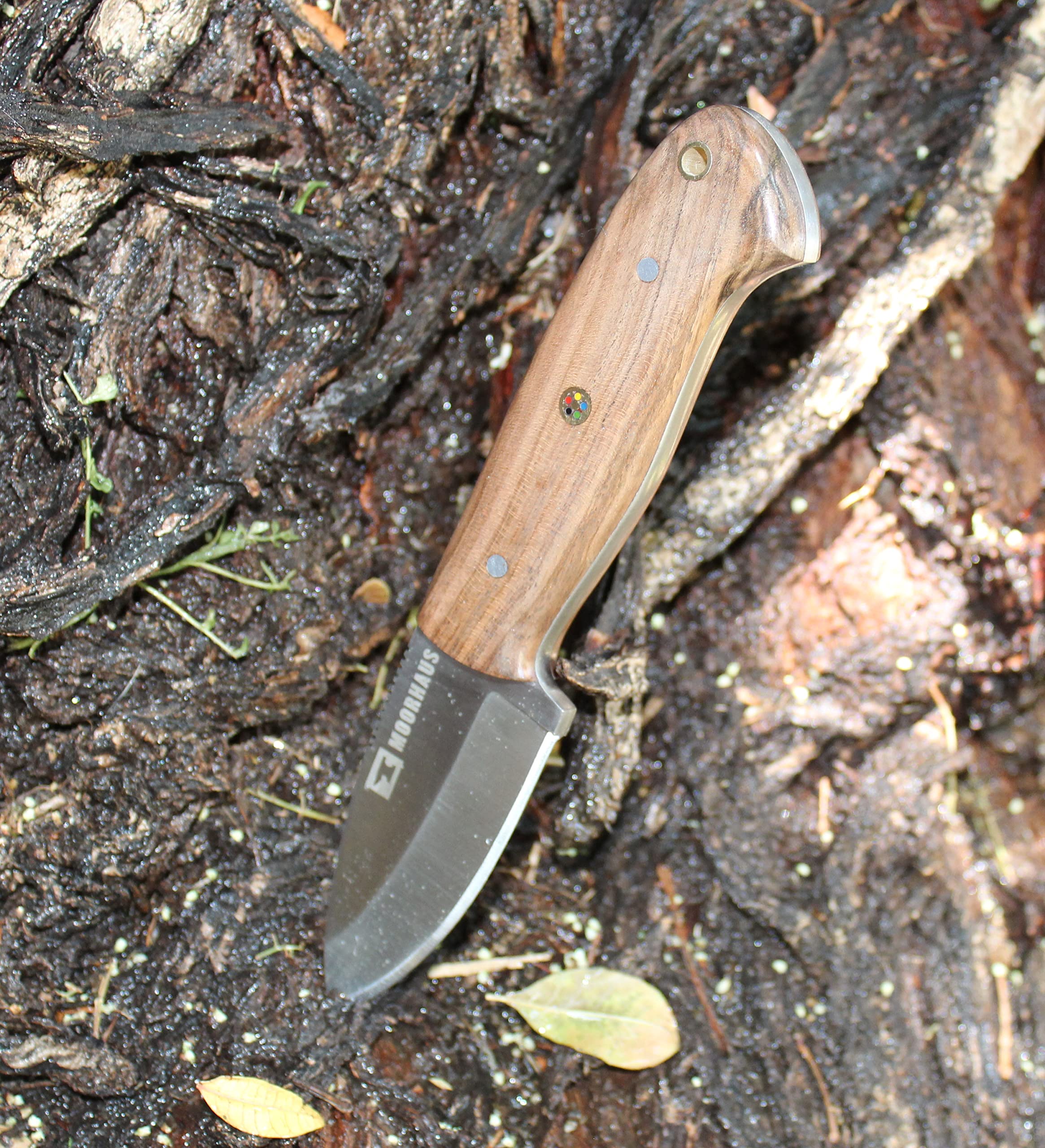 Moorhaus Handmade D2 Skinner/Hunting bushcraft/camping knife with leather Sheath (Walnut)