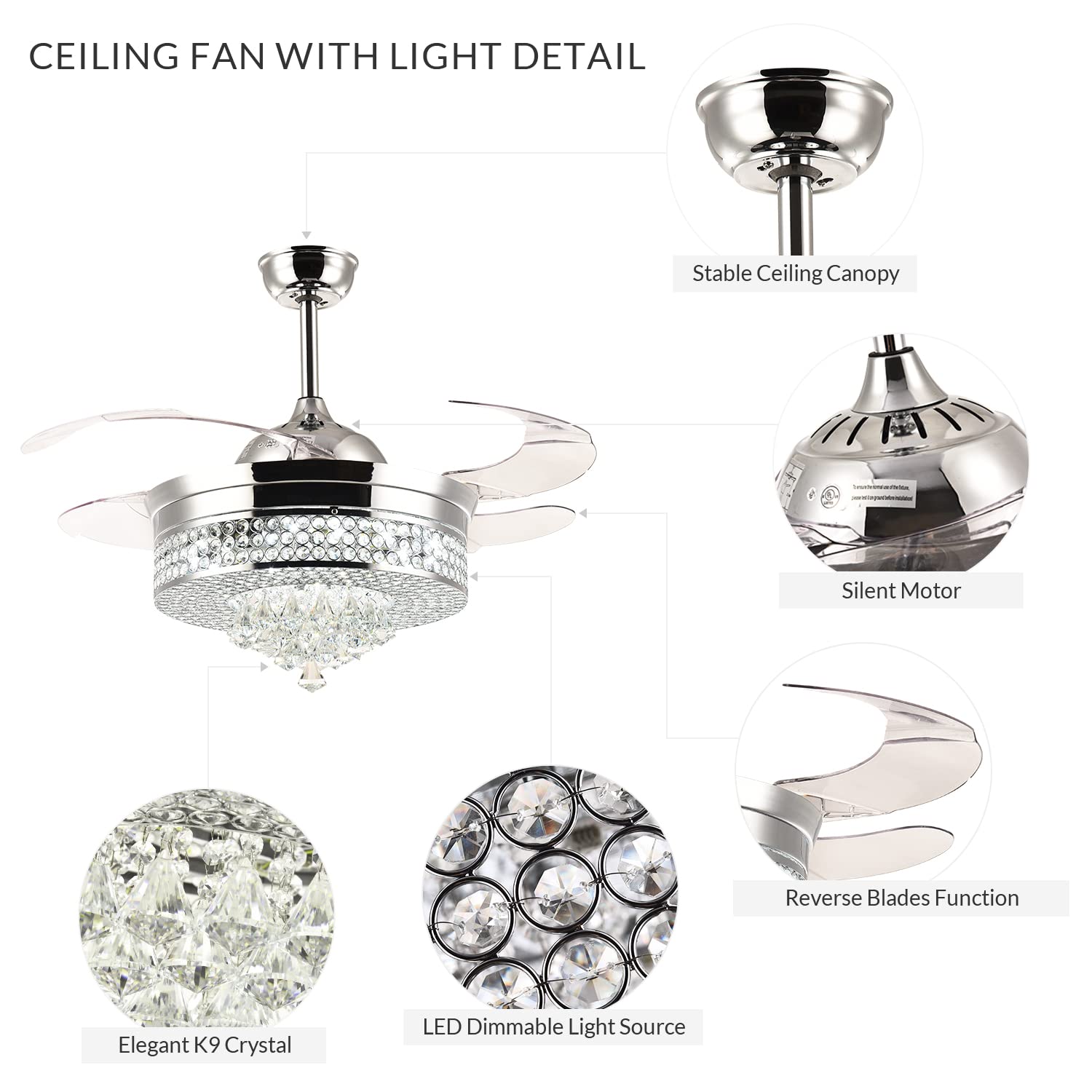 NOXARTE 36 Inch Crystal Ceiling Fan with Remote, Dimmable Retractable Chandelier Fan, Invisible Fandaliers Ceiling Fan for Bedroom Dining Room-Silverā¦