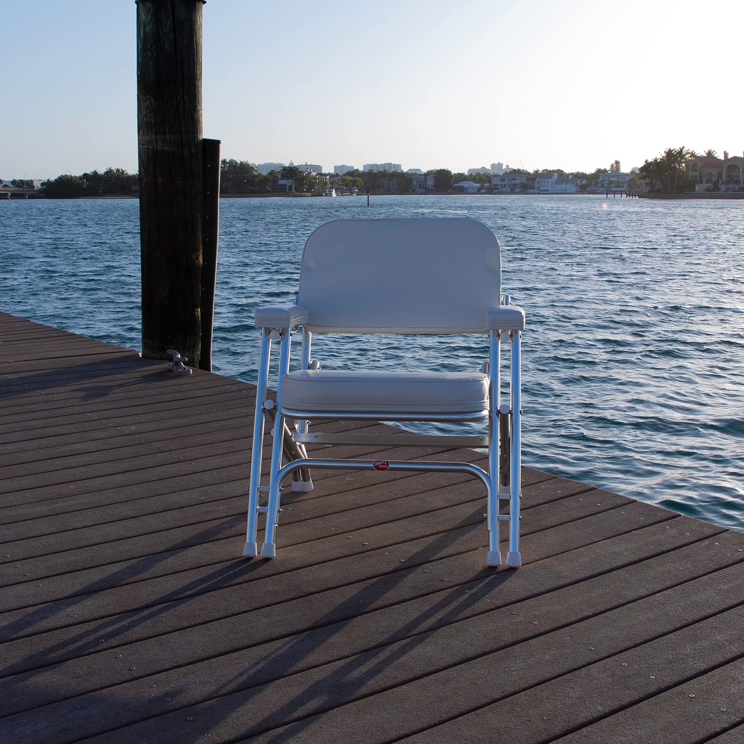 TAYLOR MADE PRODUCTS Taylor Made Folding Boat Deck Chair-Water-Resistant Vinyl Cushion Seat, Lightweight Aluminum Frame, White, Grey