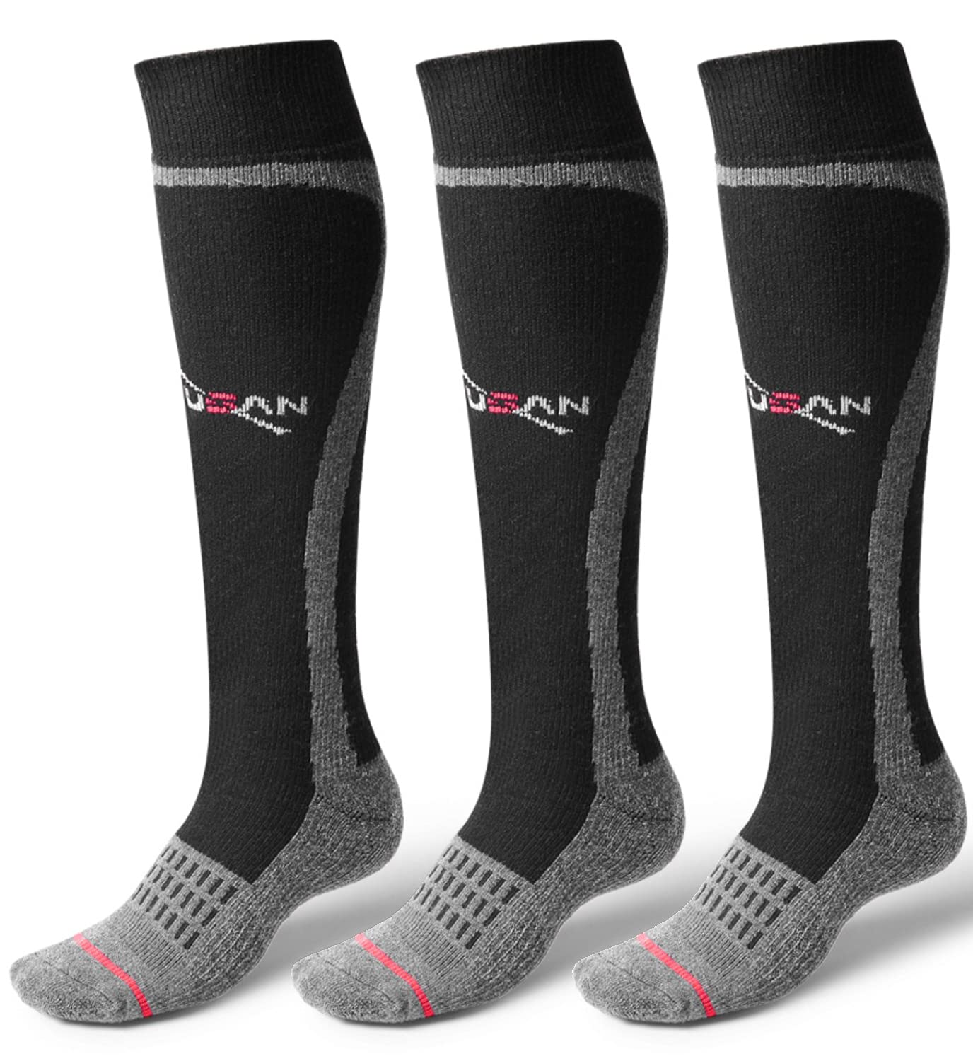 MUSAN Wool Ski Socks,Extra Warm Knee High Performance Snow Skiing/Snowboard Socks in Outdoor,Fit for Men and Women, Black-3Pack, Size:L