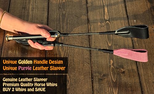 Piece Set 18" Gold and Purple Riding Horse Crop | Genuine Leather Jump Bat Top | Black Faux Handle