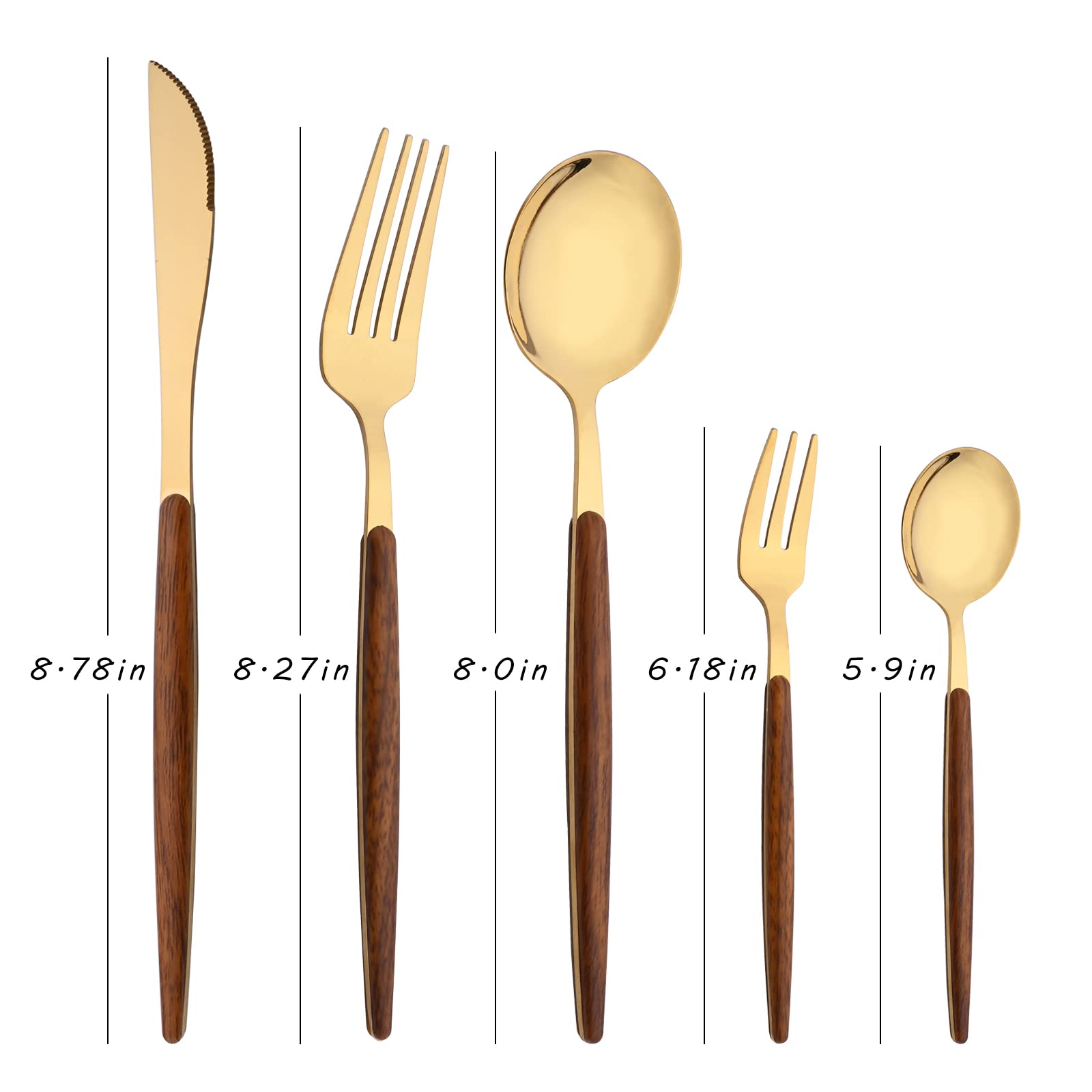 Uniturcky 20-Piece Silverware Set for 4, Stainless Steel Flatware Tableware Set, Mirror Polished Tableware Cutlery Set for Family Kitchen Restaurant, Faux Wooden Handle, Dishwasher Safe(Gold & Brown)