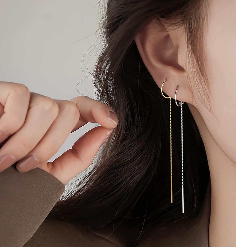 Reffeer Solid 925 Sterling Silver Dangle Chain Earrings Tassel Threader for Women Long Dangle Earrings Minimalist (B-18K Gold)