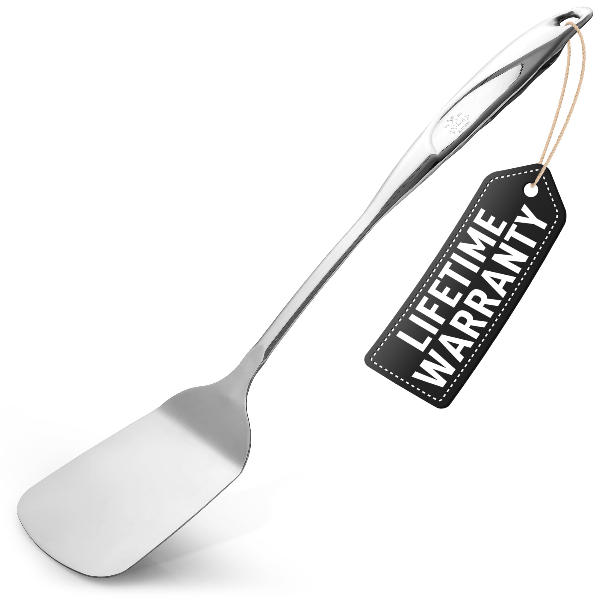Zulay Kitchen Premium Stainless Steel Metal Spatula - Cooking Spoon Turner - Durable Cooking Utensil with Ergonomic, Easy to Use Handle - Easy to Clean, Perfect for at Home Cooks & Chefs - 15”