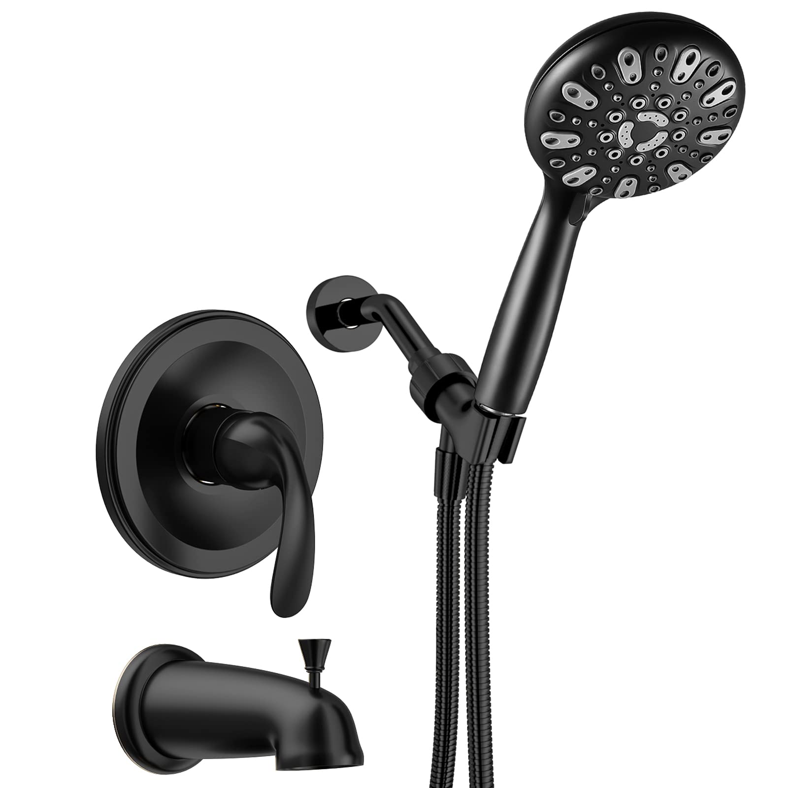 WRISIN Black Shower Faucet Set with Tub Spout (Valve Included), Black Shower Head and Handle Set, Bathtub Faucet Set with 4.7 Inch & 6 Setting Handheld