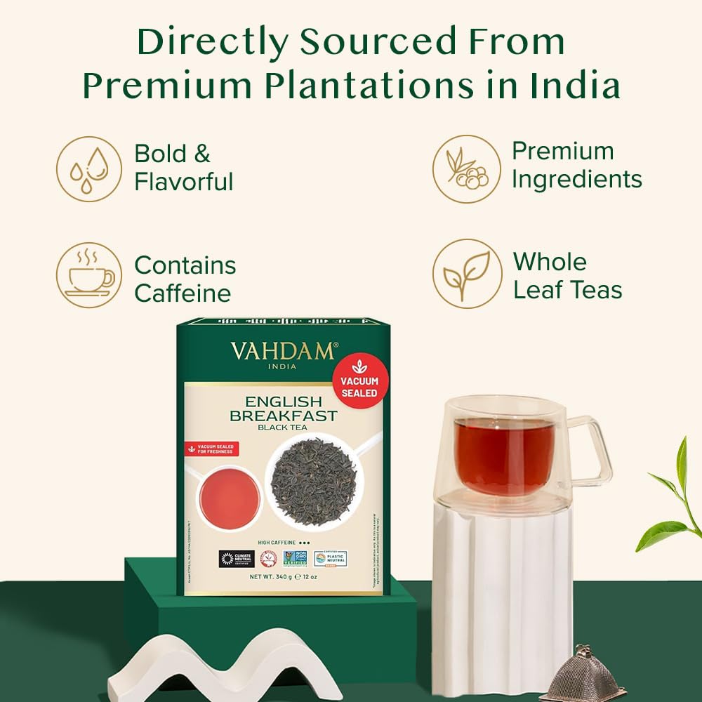 VAHDAM, Original English Breakfast Black Tea Leaves (340g/12oz) 170+ Cups | Non GMO, Gluten Free | Strong & Aromatic Loose Leaf Tea | Unblended Single Origin Tea | Vacuum Sealed Pack