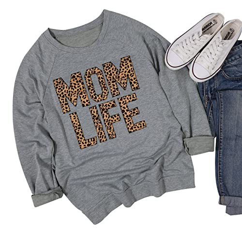 MOUSYA Mom Life Tops Women Mom Letter Printed Sweatshirt Leopard Graphic Casual Long Sleeve Crew Neck Pullover Tops (Medium, A_grey)