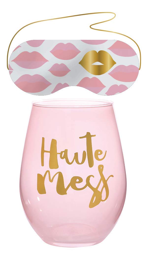 slant collections Creative Brands 2-Piece Wine Glass and Eye Mask Set, 20-Ounce, Haute Mess