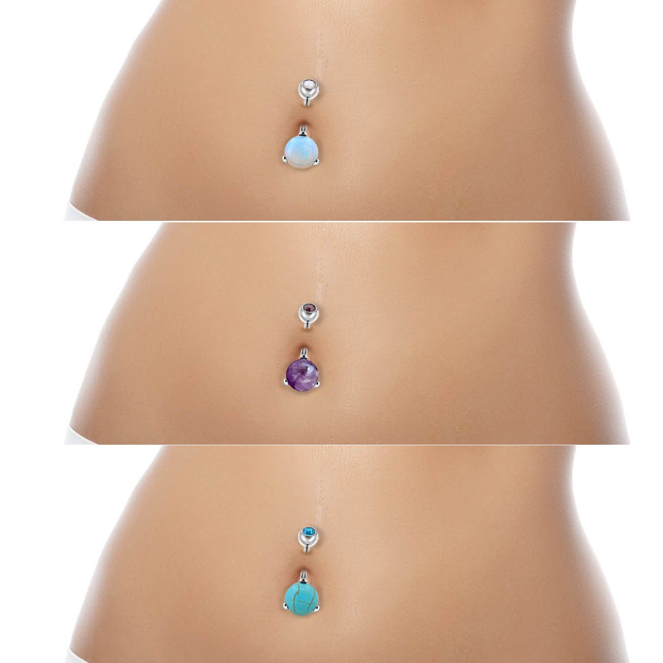 OUFER 3PCS Stone Belly Button Ring 316L Surgical Steel Curved Navel Barbell Body Piercing 14G (1.6mm)