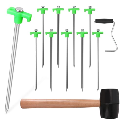 PR1ME Tent Stakes 10 Pack, Galvanized Non-Rust Family Pop Up Camping Tent Pegs, Heavy Duty Yard Stakes with 1pc Rubber Mallet 1pc Tent Stake Puller. for Camping Tents, Canopy, and Outdoor Decorations