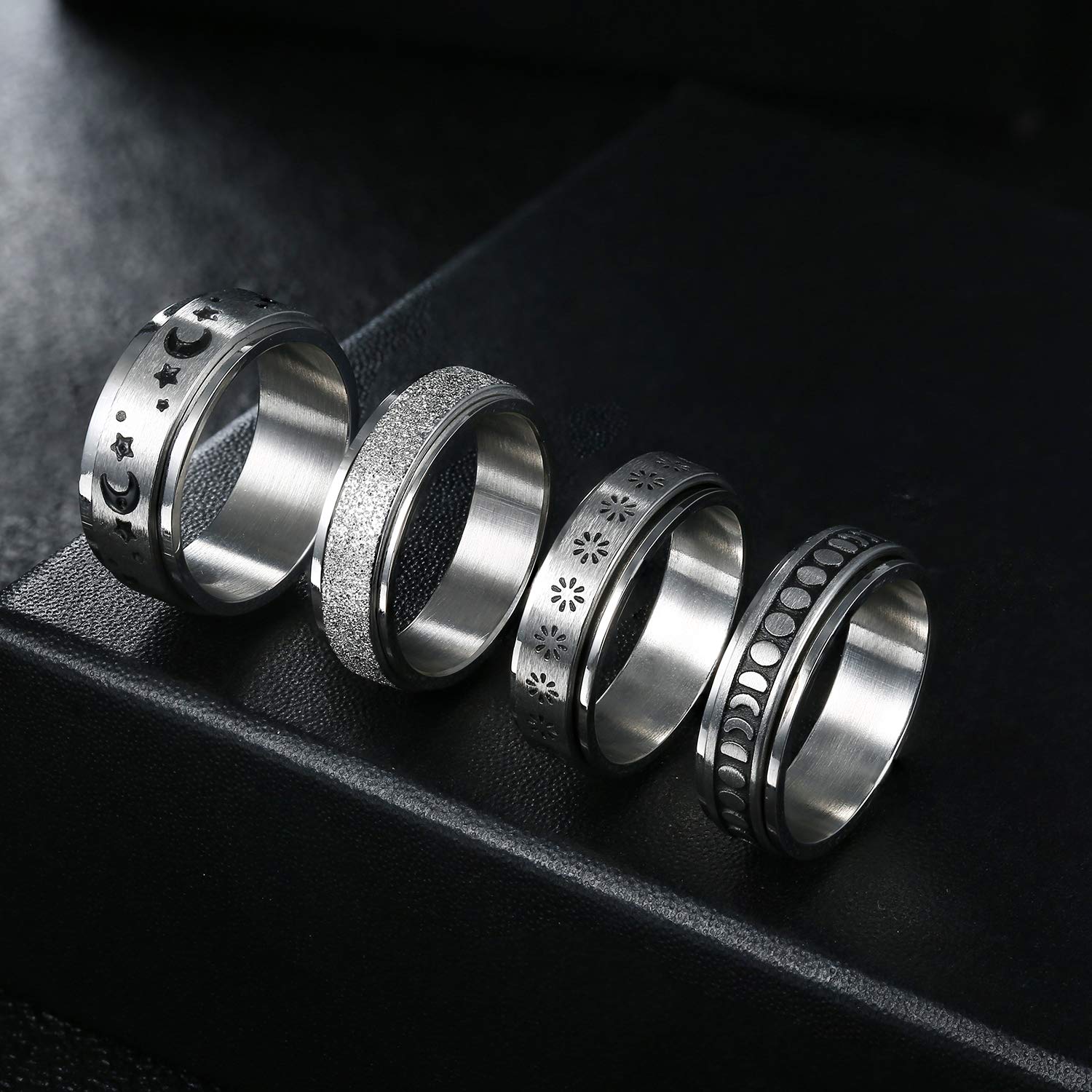 Subiceto 4 Pcs Spinner Rings for Women Stainless Steel Fidget Band Rings Set Moon Star Sand Blast Finish Womens Ring for Stress Relieving Wedding Promise Size 7