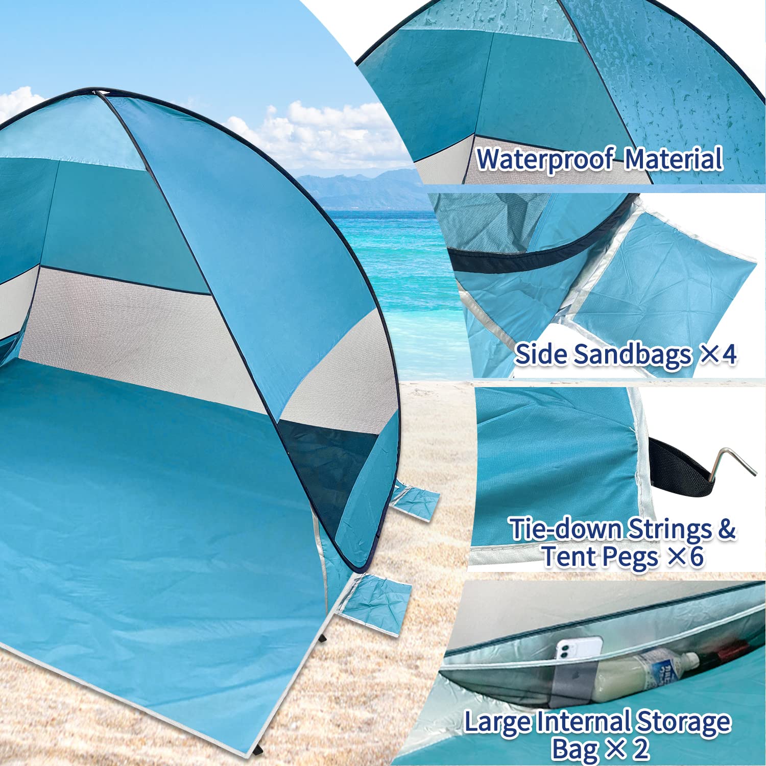 Sutekus Beach Tent Pop Up Shade Camping Shelter Lightweight Beach Canopy Anti-UV Portable Beach Shade Canopy Cabana (Blue)