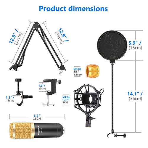 Neewer Professional Studio Broadcasting Recording Condenser Microphone & NW- 35 Adjustable Recording Microphone Suspension Scissor Arm Stand with Shock Mount and Mounting Clamp Kit
