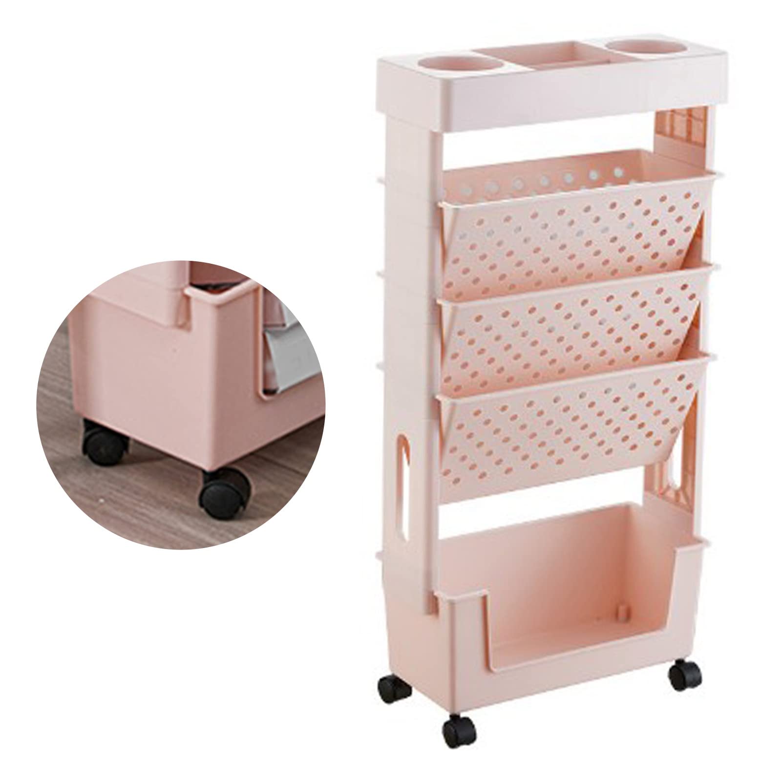 Movable Bookshelf, Slide Out Rolling Utility Cart, Movable Bookshelf Shelving Organizer, Multilayer Capacity Rotatable Removable Plastic Practical Rolling Organization Shelf with Wheel(Pink)