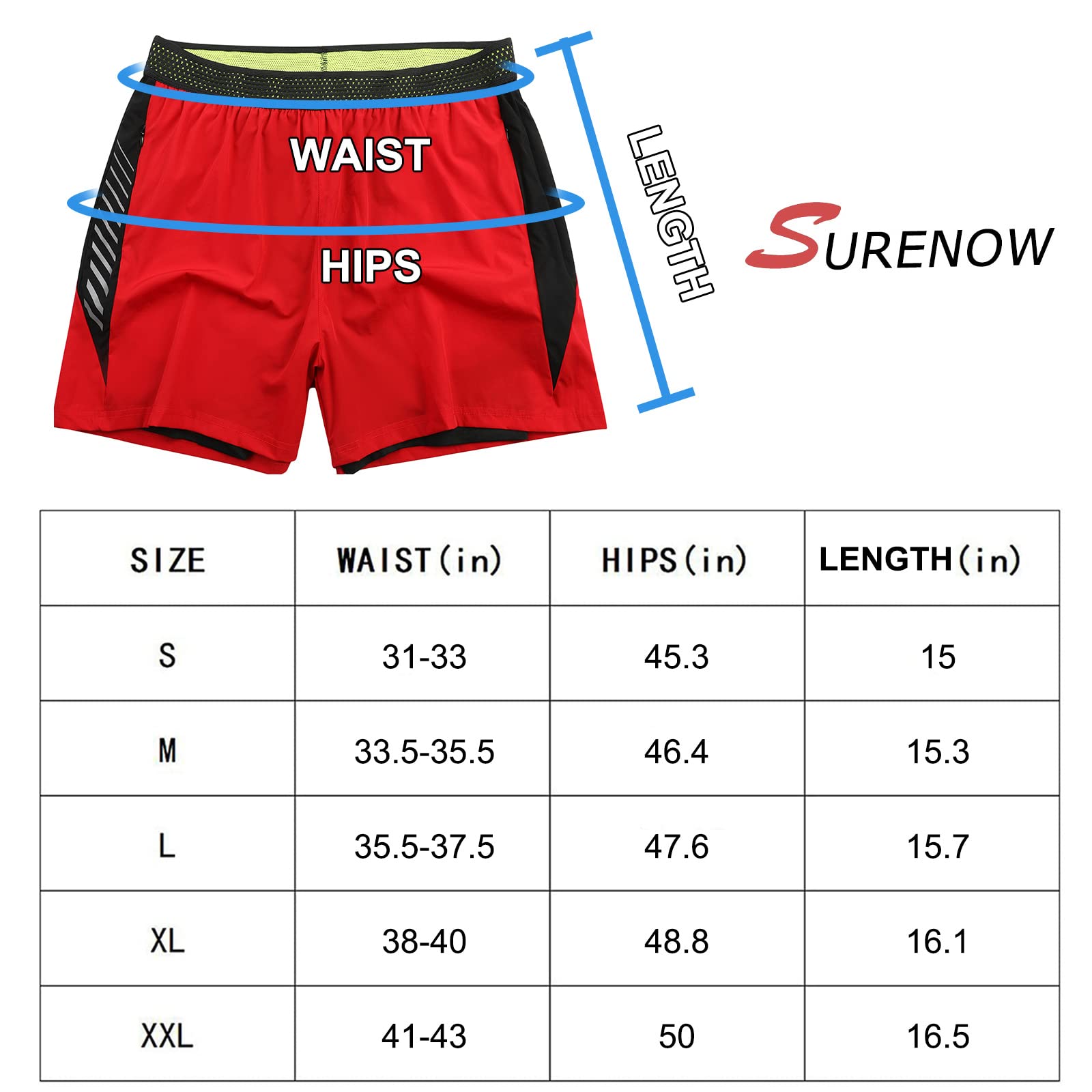 Surenow Men's 2 in 1 Running Shorts, 5" Workout Breathable Shorts, Quick Dry Gym Training Jogging Short with Phone Pocket Red
