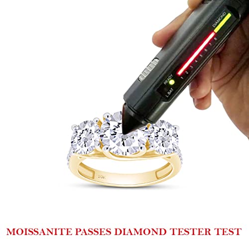SAVEARTH DIAMONDS Three Stone Design, 3.40 Cttw Center 8MM Round Cut Lab Created Moissanite With Accents Engagement Ring In 10K Solid Yellow Gold (VVS1 Clarity) Size-6.5