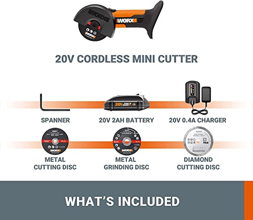 WORX 20V 3'' Cordless Mini Cutter WX801L.1 Compact Angle Grinder Tool w/ 2 Cutting Discs, 2.0Ah Battery & Charger Included