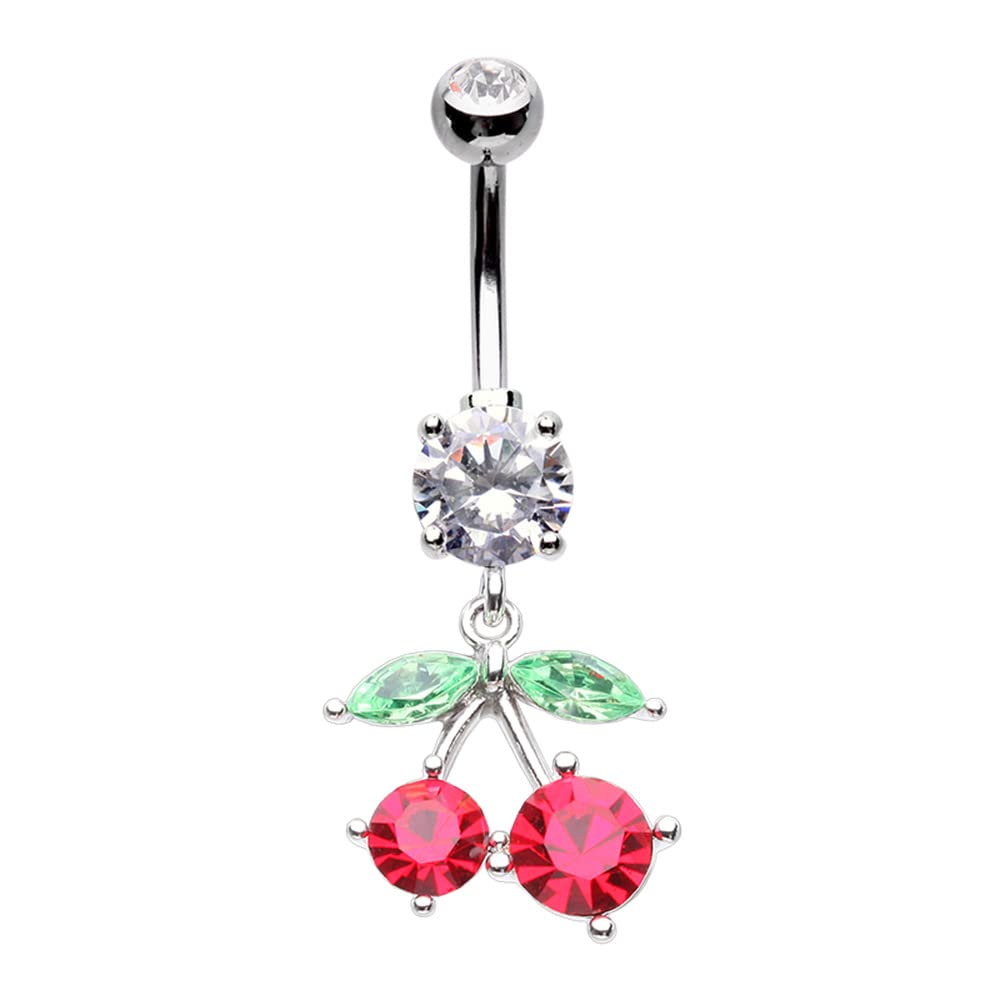 Pierced Owl 14GA Stainless Steel CZ Crystal Dangling Cherry Belly Button Ring (Gold Tone)