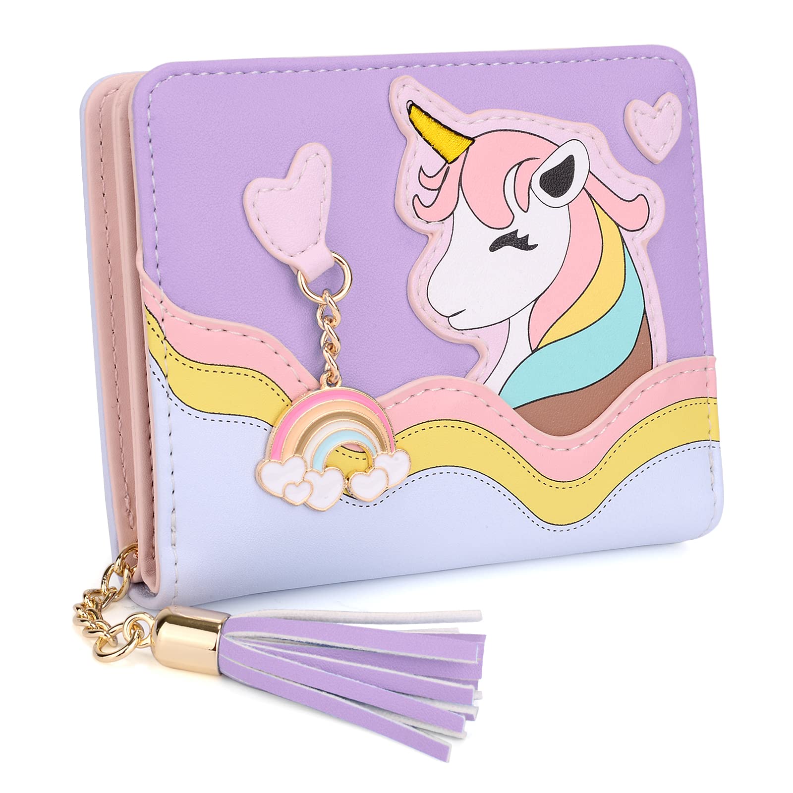 UTO Wallet for Girls Cute Unicorn Leather Vegan Small Women Tassel Rainbow Pendant Card Holder Kawaii Coin Purse