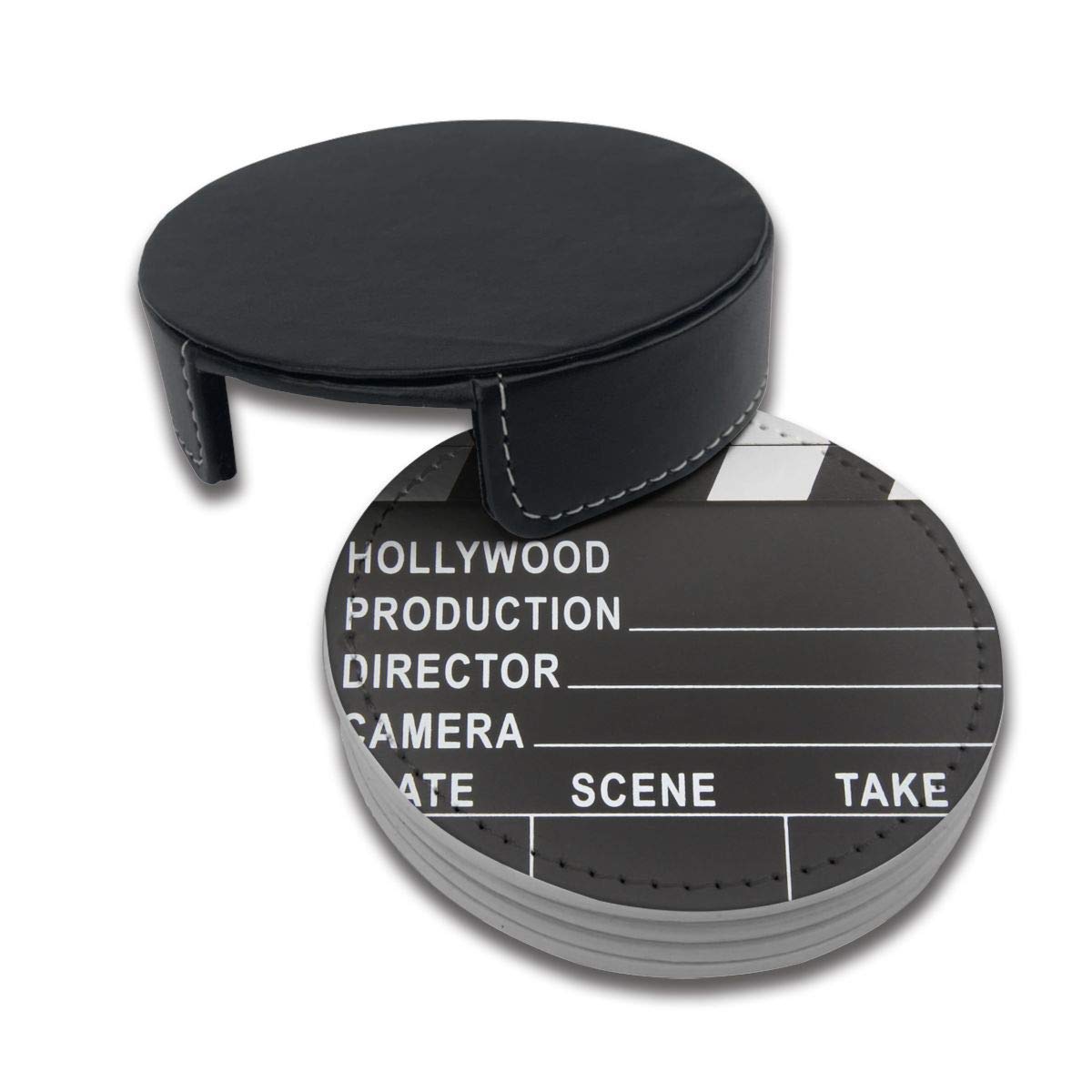 Movie Cinema Lapper Board Coasters For Drinks Leather Cup Mat With Holder,6 Pcs