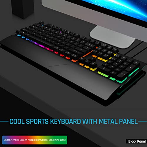 Zyyini Gaming Keyboard, GK60 104 Keys RGB Mechanical Feel Keyboard with Wrist Rest, Good Resilience Keycap, USB Waterproof Keyboard for PC Computer Gaming Office(GK60 Keyway Black)