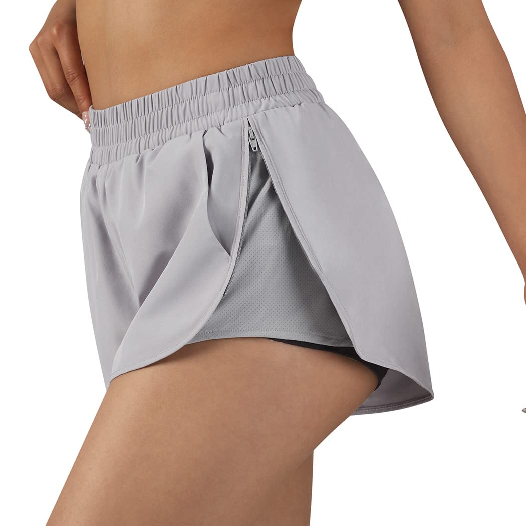 SUUKSESS Women Zipper Side Running Shorts with Pockets High Waist Workout Shorts (Grey, S)