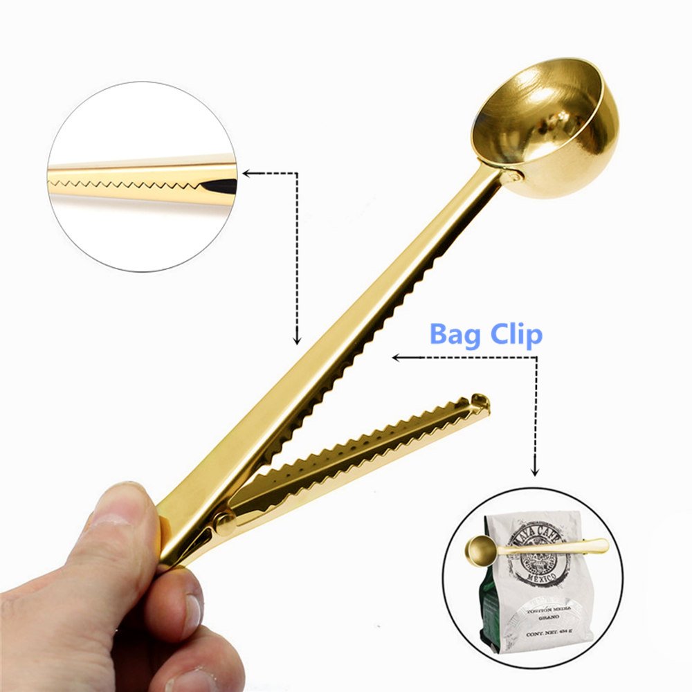Voice on growth Coffee Scoop, Stainless Steel Golden Multi Function Coffee Measuring Spoon,Great Measuring Coffee, Tea,Protein Powder, Instant Drinks More - Perfect Coffee Spoon Bag Clip
