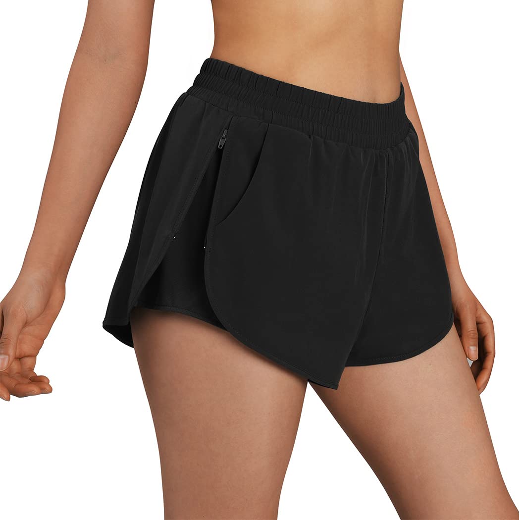 SUUKSESS Women Zipper Side Running Shorts with Pockets High Waist Workout Shorts (Black, M)