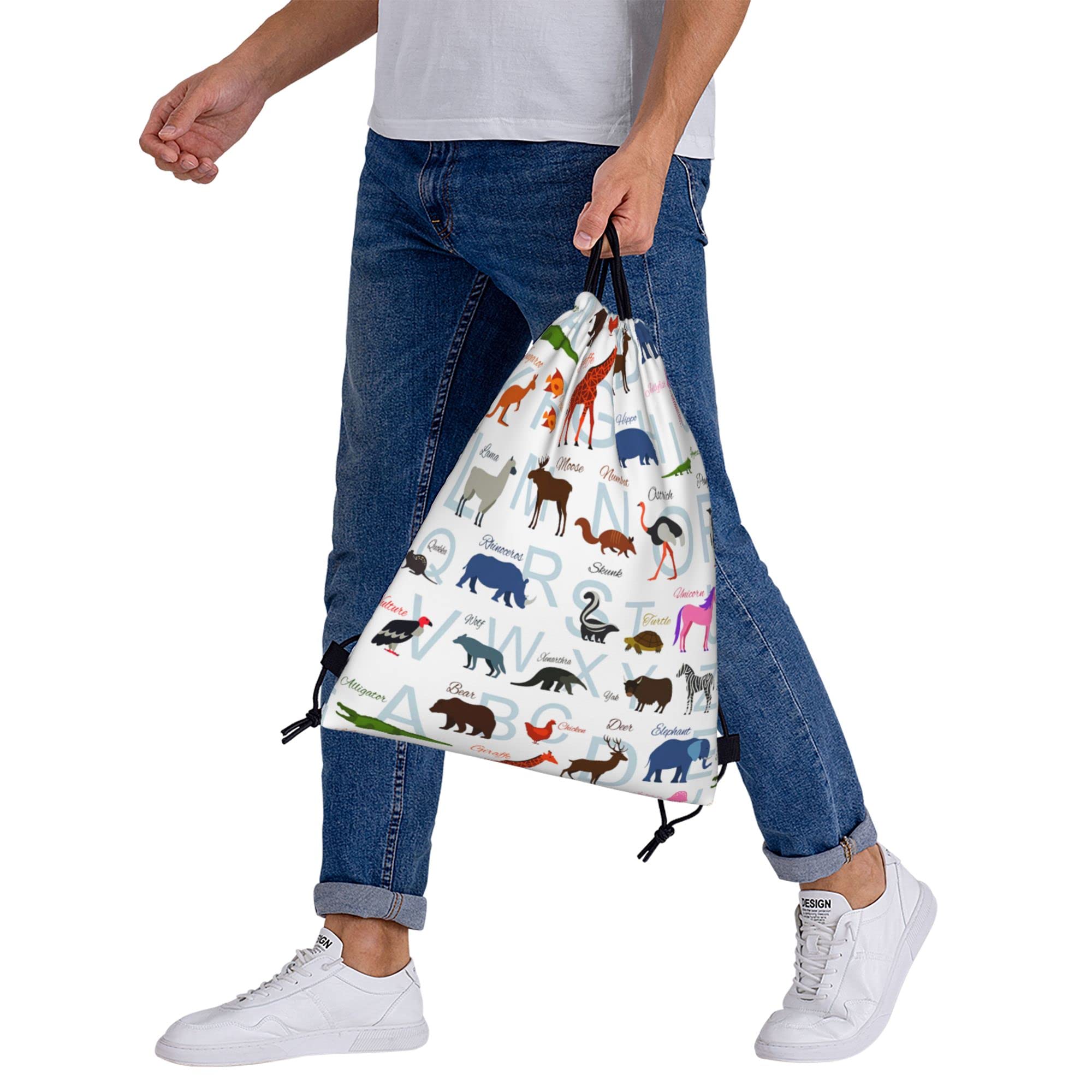 UTtitr Drawstring Backpack Alphabet Cute Zoo Animals Gym Sackpack Folding Dance Yoga Sack String Bag Waterproof Sport Daypack For Men Women Travel Beach Camping Cycling