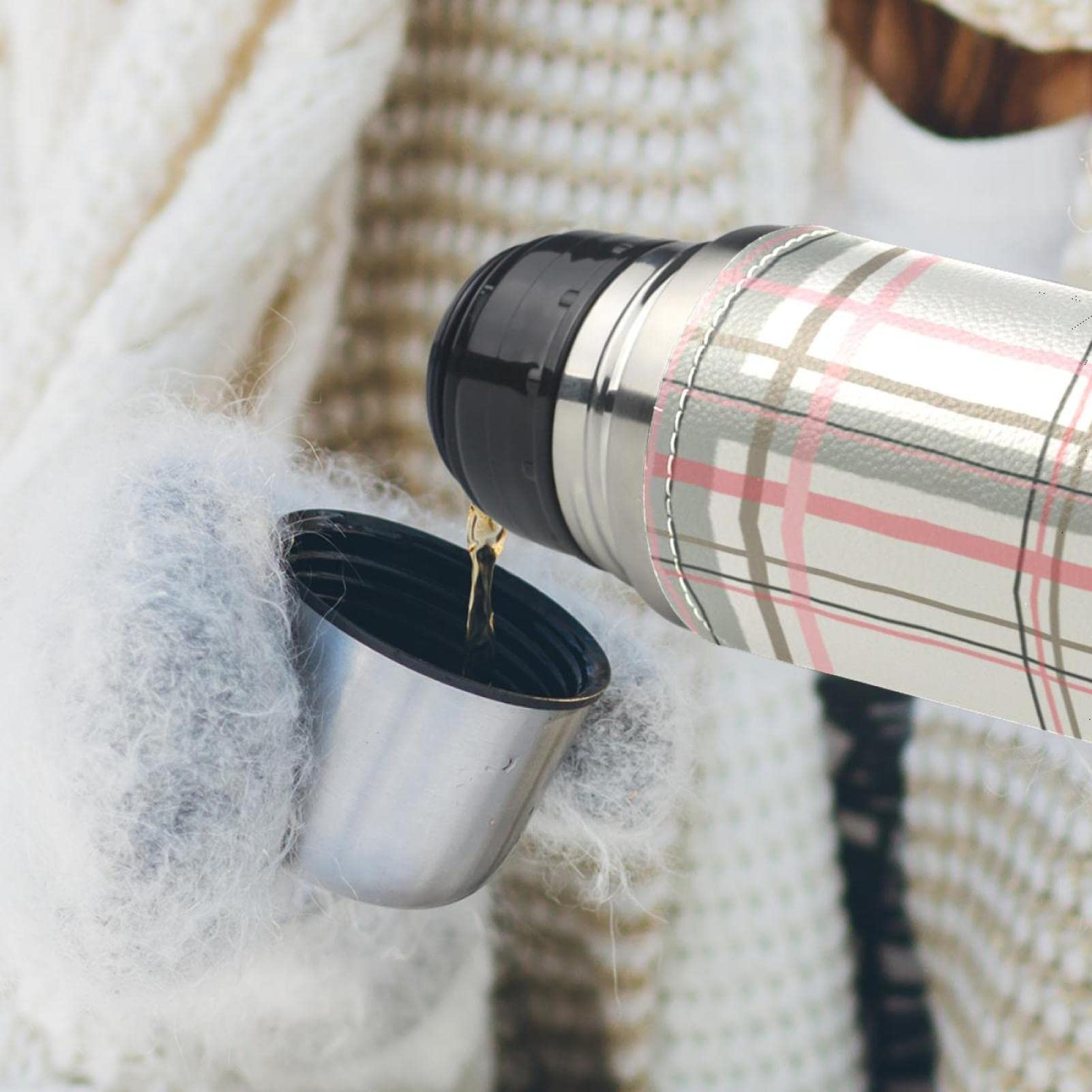 Stainless Steel Leather Vacuum Insulated Mug Cascading Plaid Thermos Water Bottle for Hot and Cold Drinks Kids Adults 16 Oz