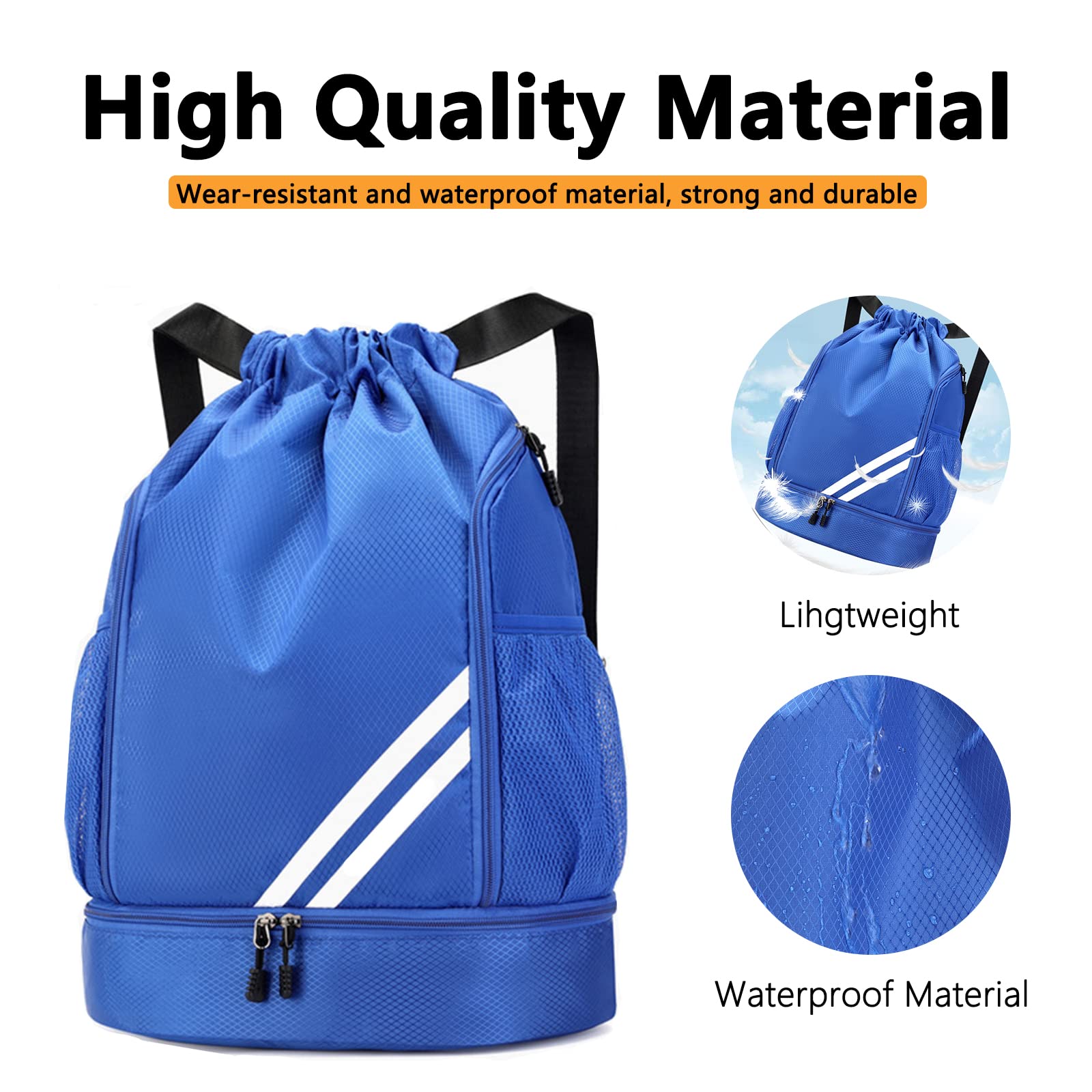 MUNTICO Waterproof Drawstring Backpack Sports Backpacks With Shoe Compartment Large Gym Drawstring Bags for Men Women (Blue)