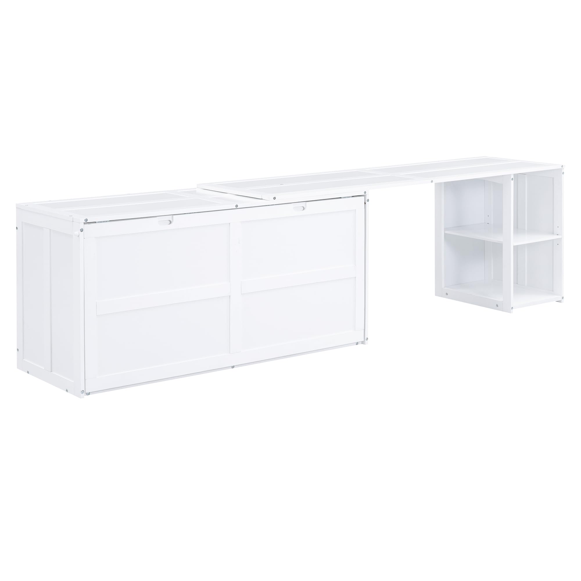 OPTOUGH Queen Size Rotable Desk and Storage Shelves, Cube Cabinet Murphy Wall, Wooden Foldable Floor Bed Frame for Bedroom Living Room Furniture,White